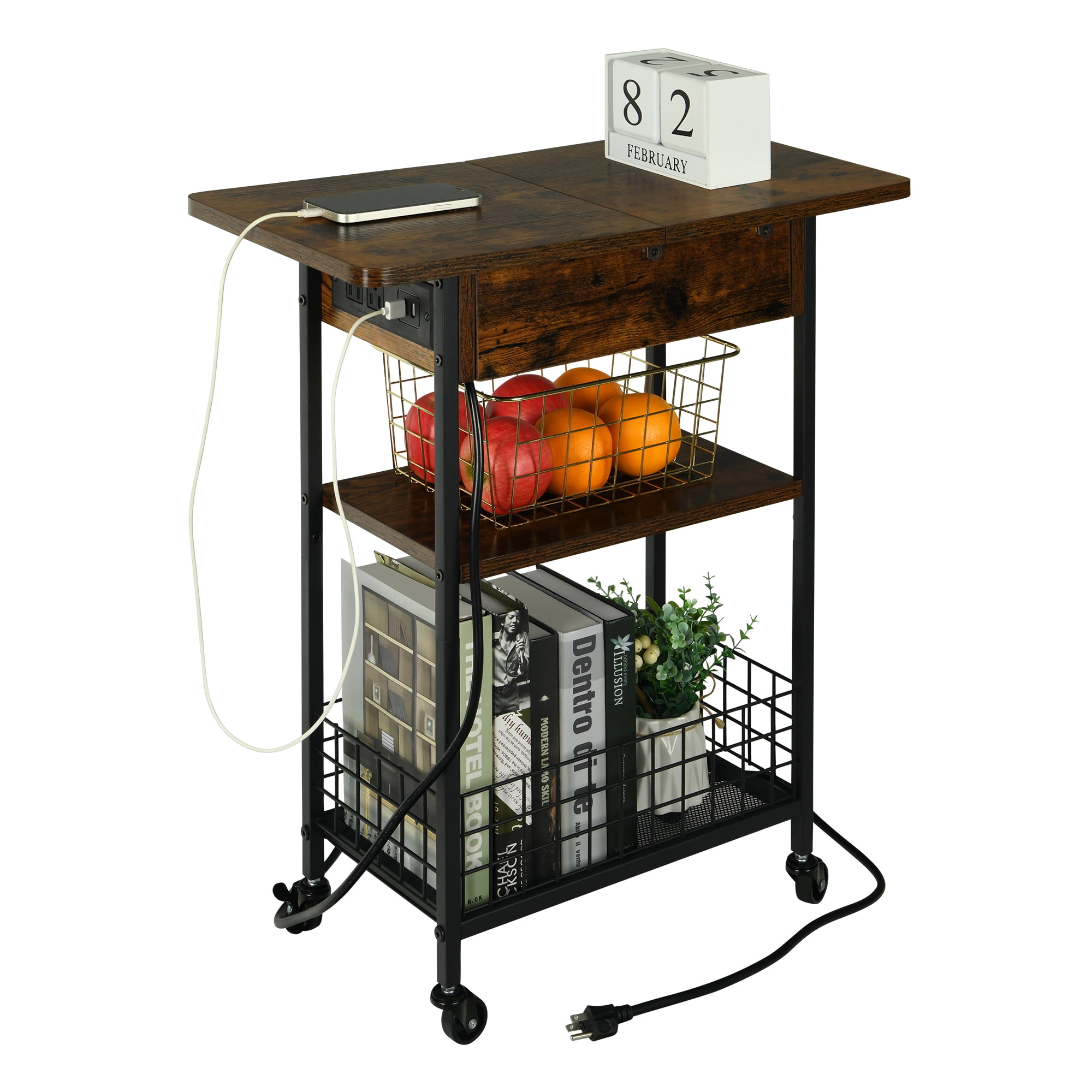 TWINNIS End Table with Charging Station ,3 Tier Side Table with Wheel ...