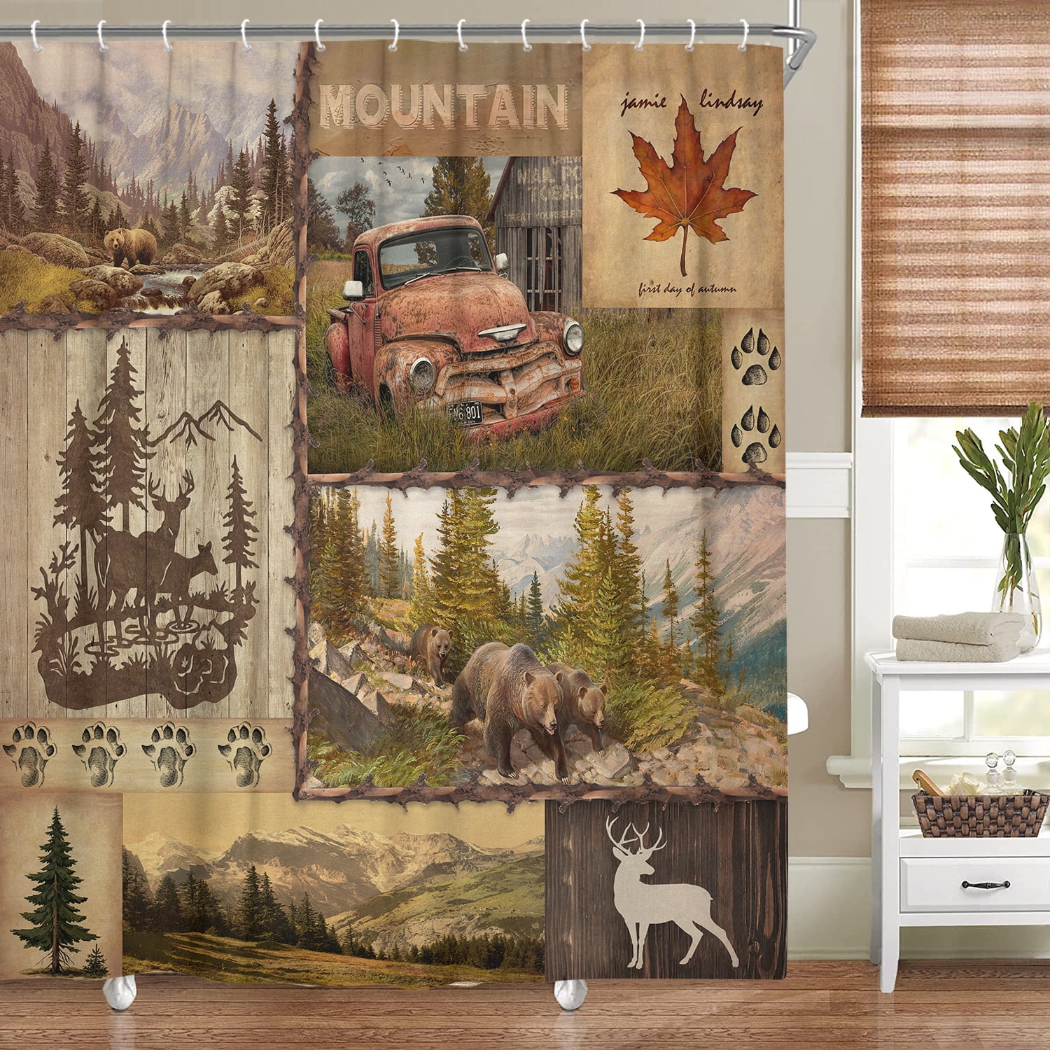 Rustic Farmhouse Shower Curtain, Country Cottage Lodge Cabin Bear Deer ...
