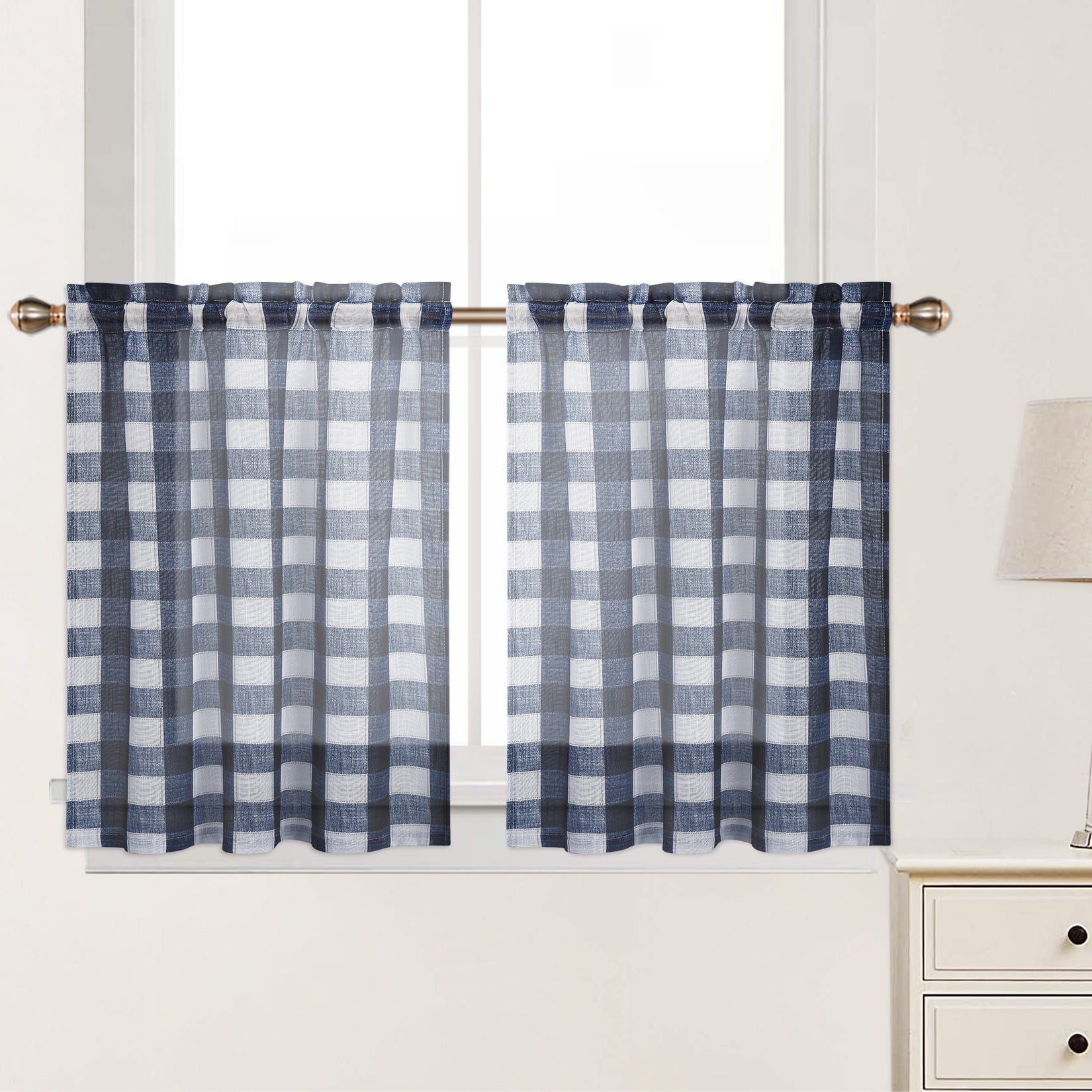 Buffalo Short Sheer Curtains for Kitchen Check Gingham Farmhouse ...