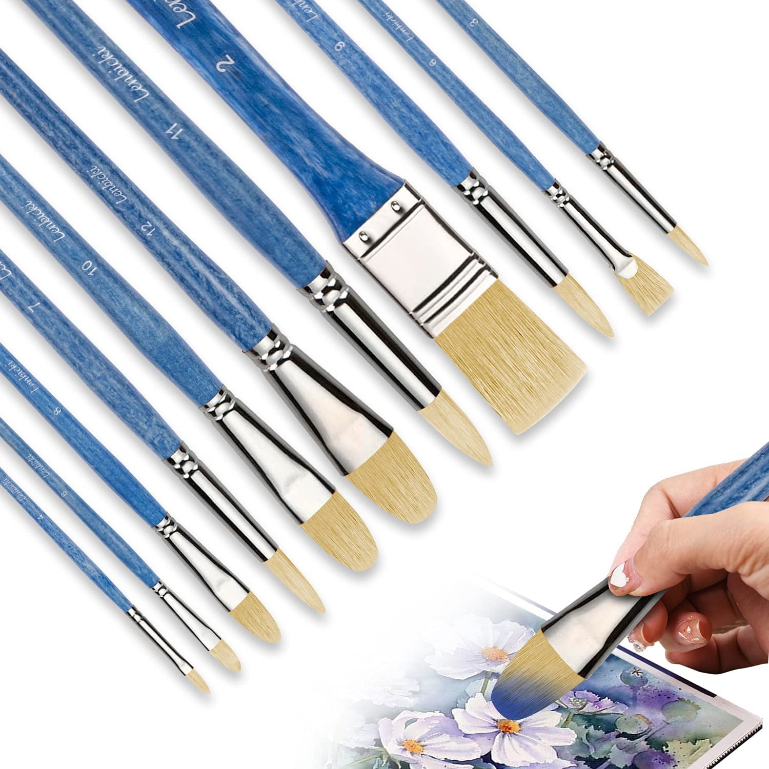 11 Pcs Artist Paint Brushes Set for Oil, Professional Bristle Hog Hair ...