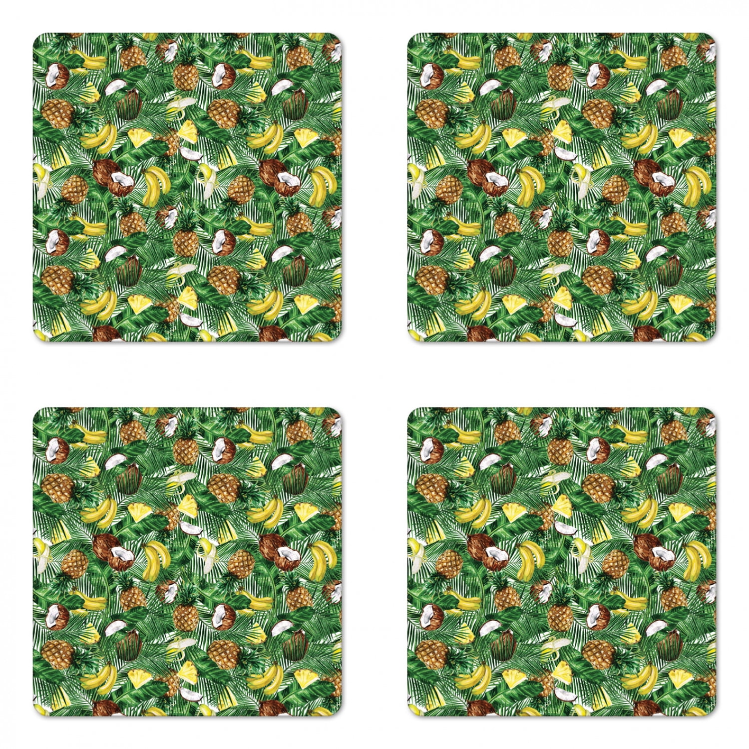 Tropical Coaster Set of 4, Pineapples Banana and Coconut Pattern in ...