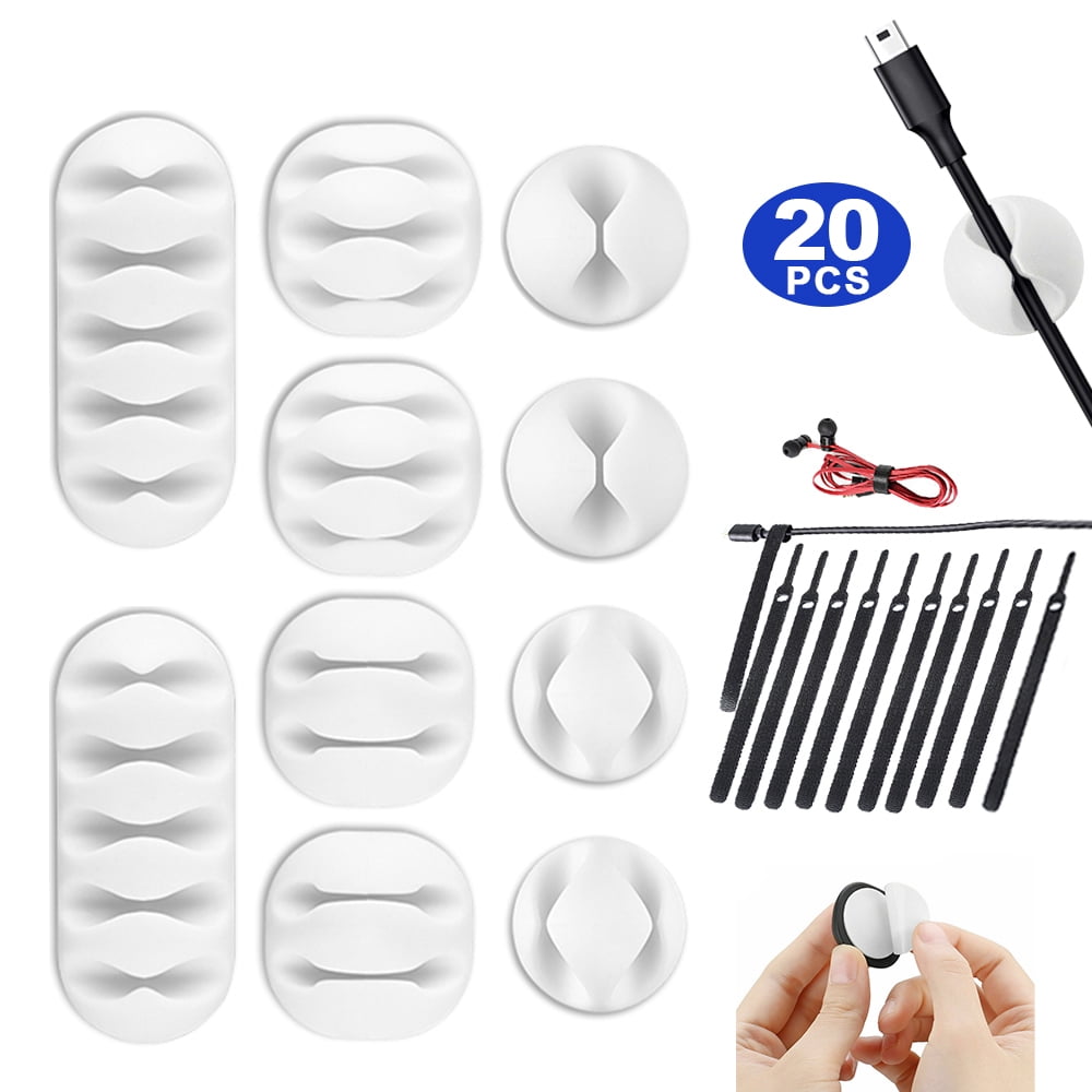 Cable Clips,20 Pack Black Adhesive Cord Holders & Reusable Cable Ties ...