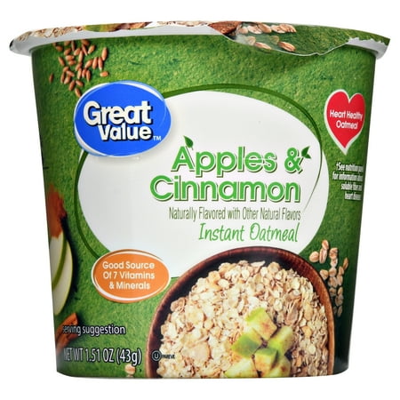 Great Value Instant Oatmeal, Apples & Cinnamon, 1.51 Oz, Cup - Walmart.com