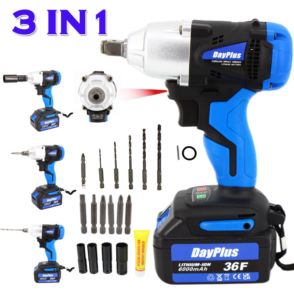 Dayplus Impact Wrench Set 21V Battery Cordless 1/2 Rattle Gun Electric ...