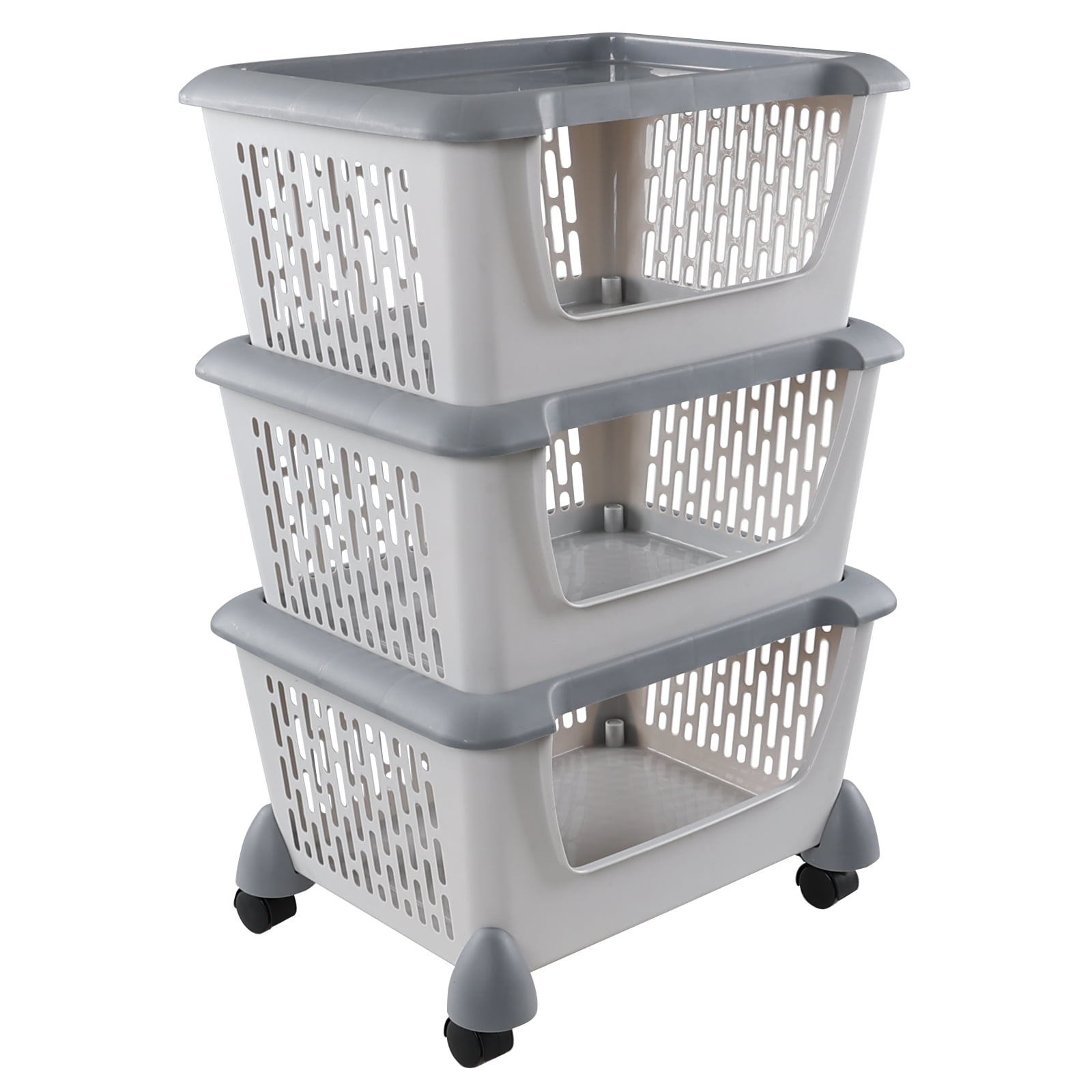 Idomy 3-Pack Plastic Stackable Storage Basket with Wheels, Gray ...