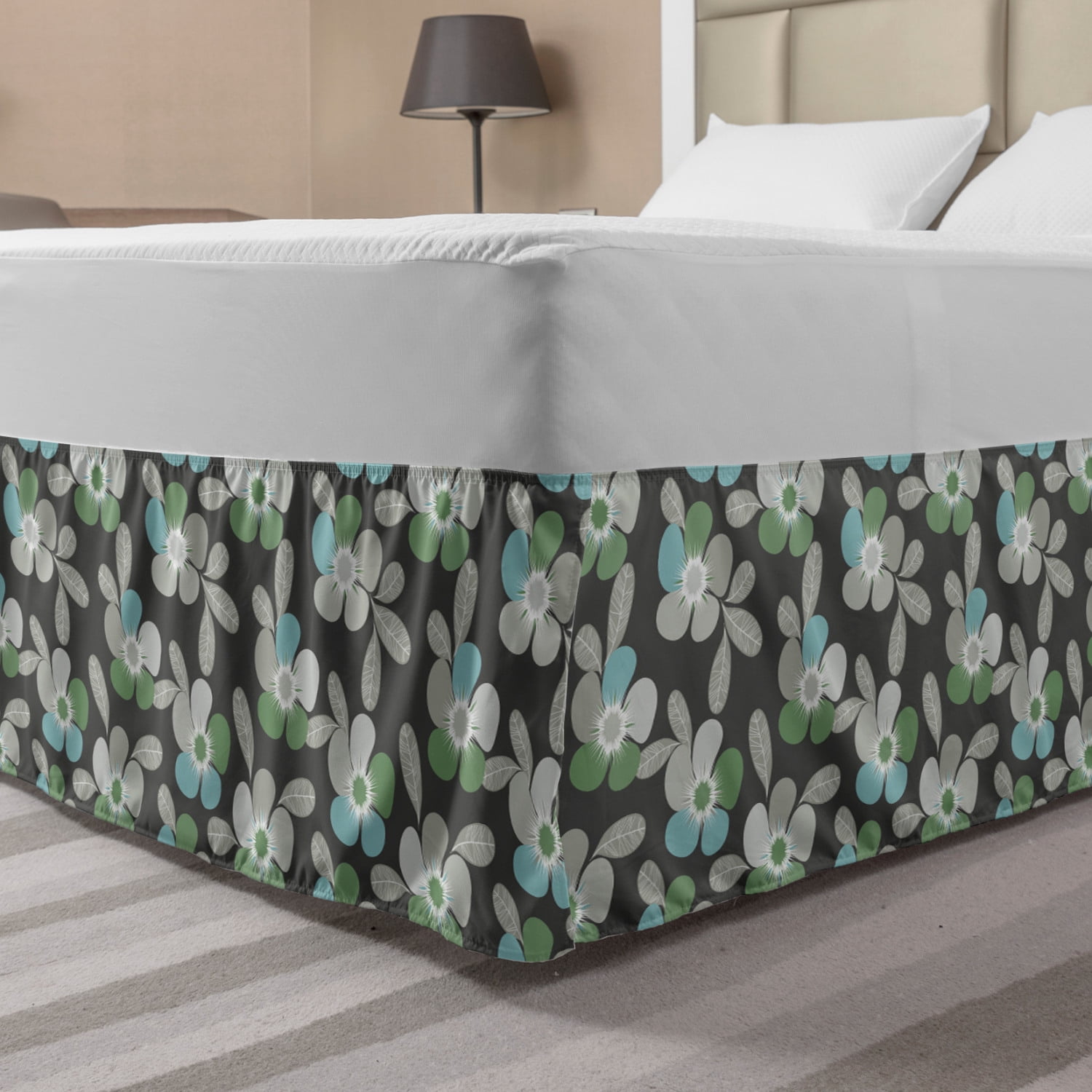 Floral Bed Skirt, Abstract Simplistic Flowers and Leaves, Elastic ...