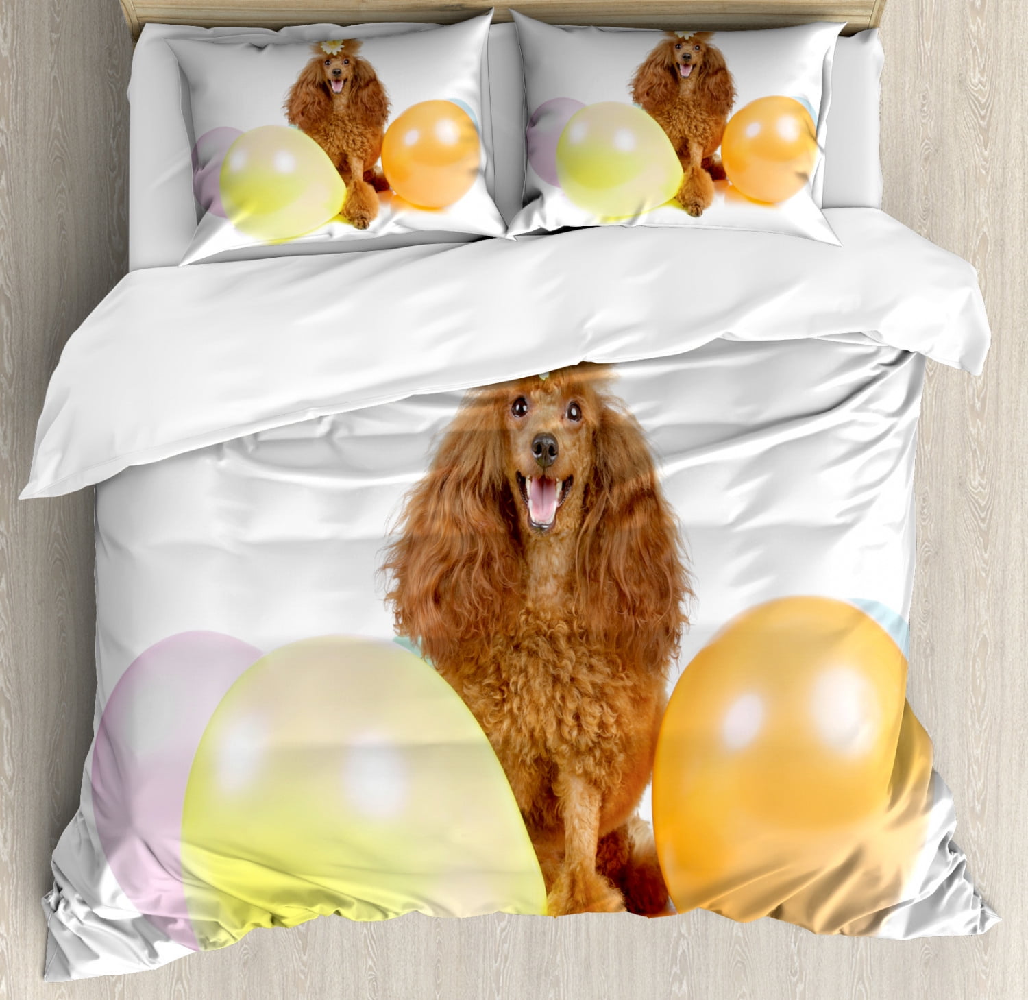 Poodle Duvet Cover Set King Size, Partying with Dog a Flower on Head ...