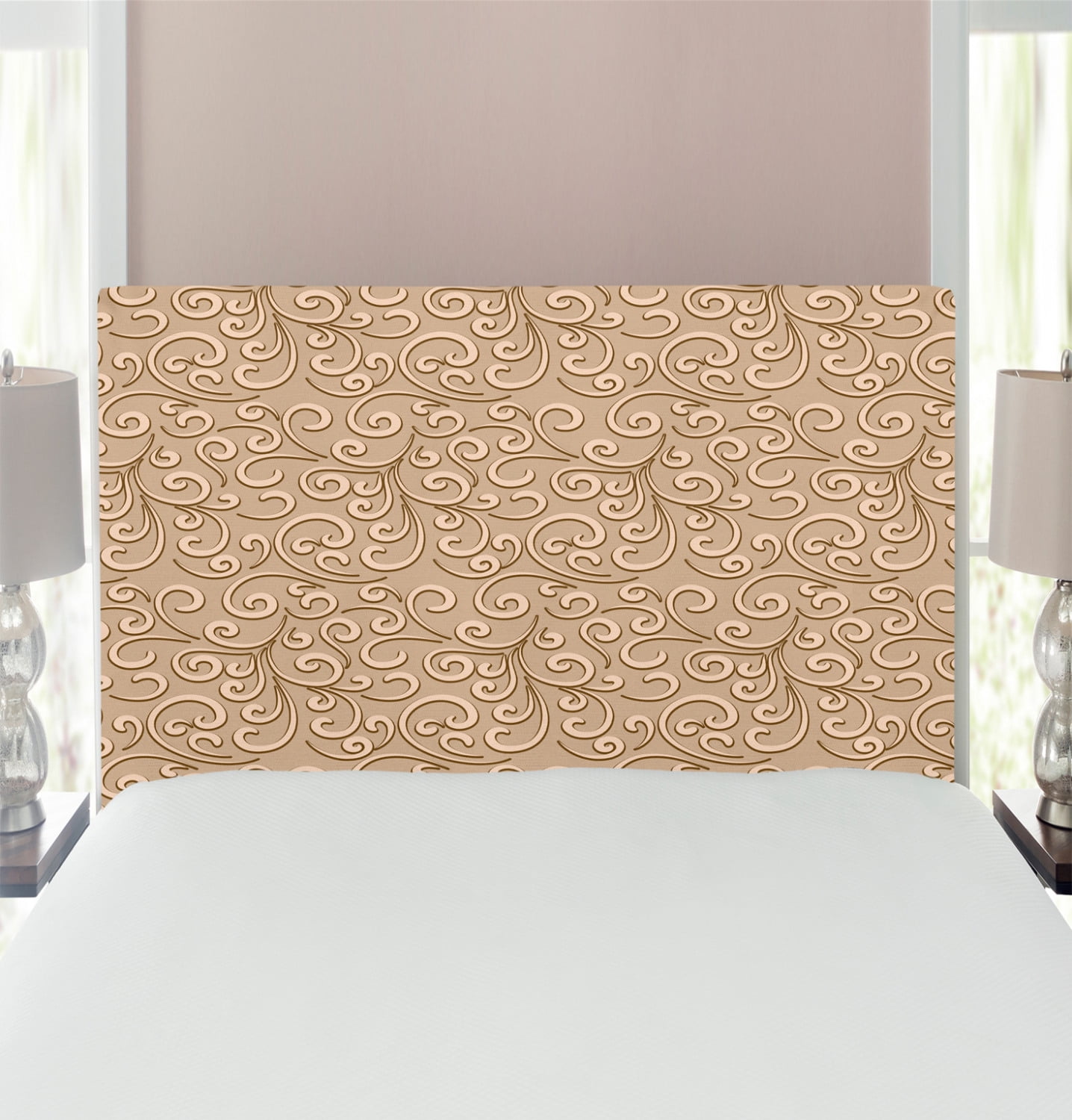 Beige Headboard, Baroque Floral Swirls Damask Pattern Classic Victorian ...