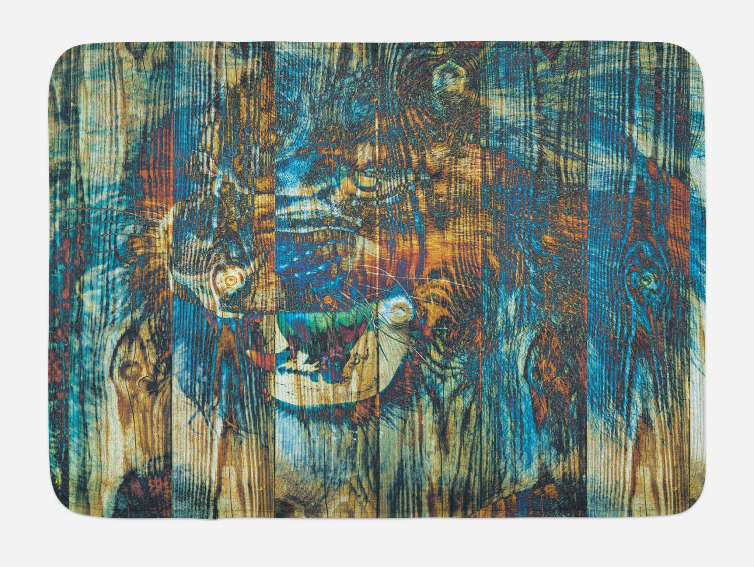 Animal Bath Mat, Grunge Rustic Timber with Wild Safari Creature Tiger ...