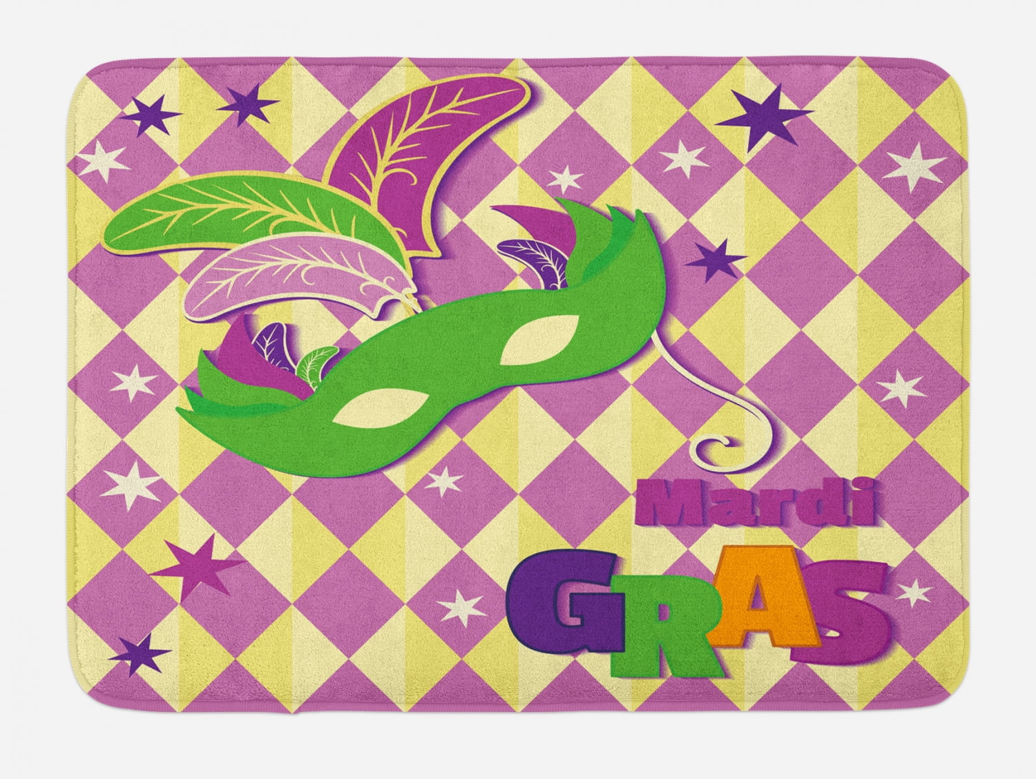 Mardi Gras Bath Mat, Checkered Pattern with Stars Graphic Mask ...