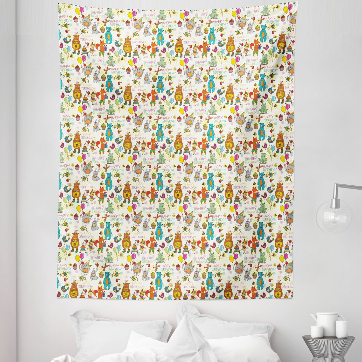 Birthday Tapestry, Fun Event with Cartoon Drawn Style Mouse Fox Bear ...