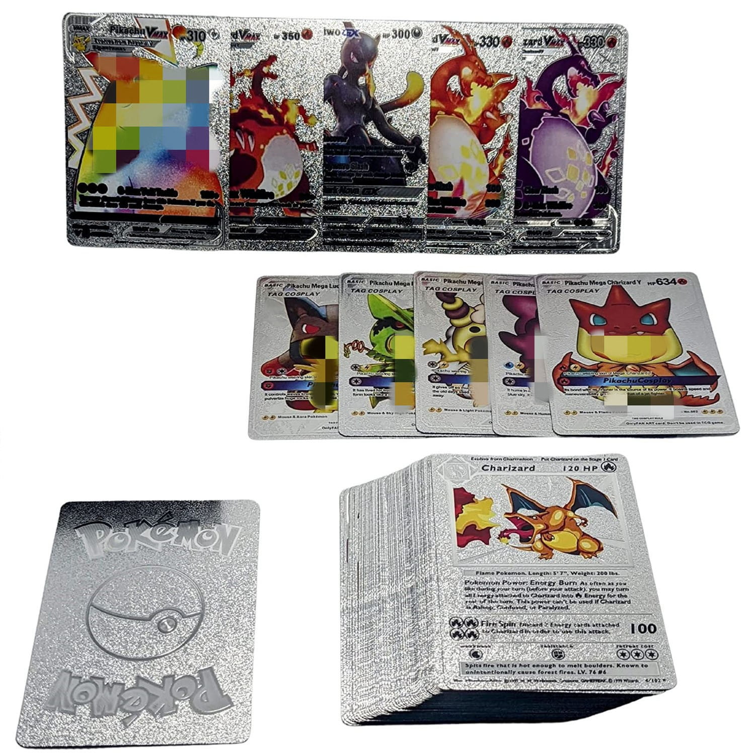 55 tarjetas surtidas de lámina dorada TCG, GX V-Vmax DX Charizard Card ...