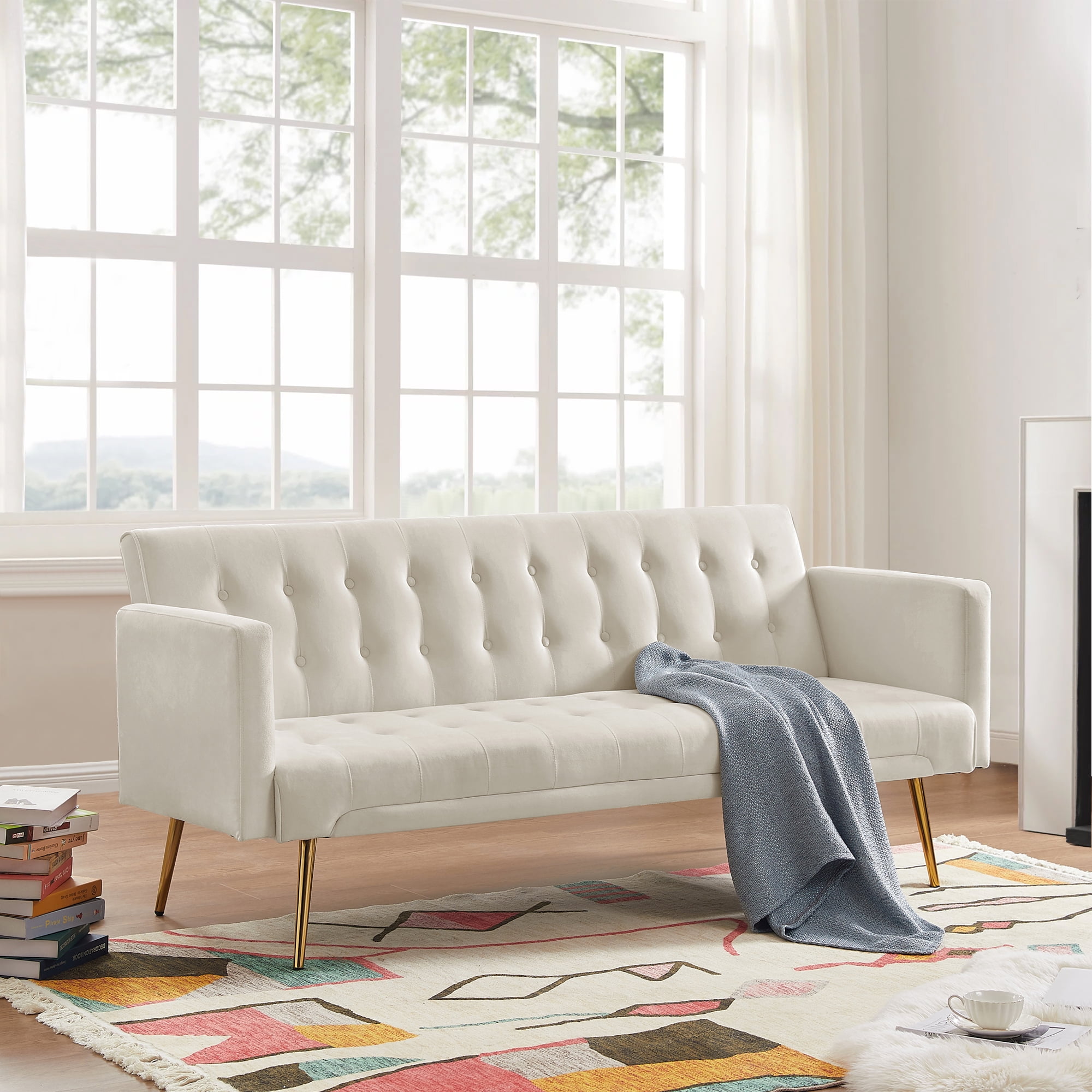 Velvet Futon Sofa Bed, Small Sleeper Sofa Loveseat with 2 Decorative ...