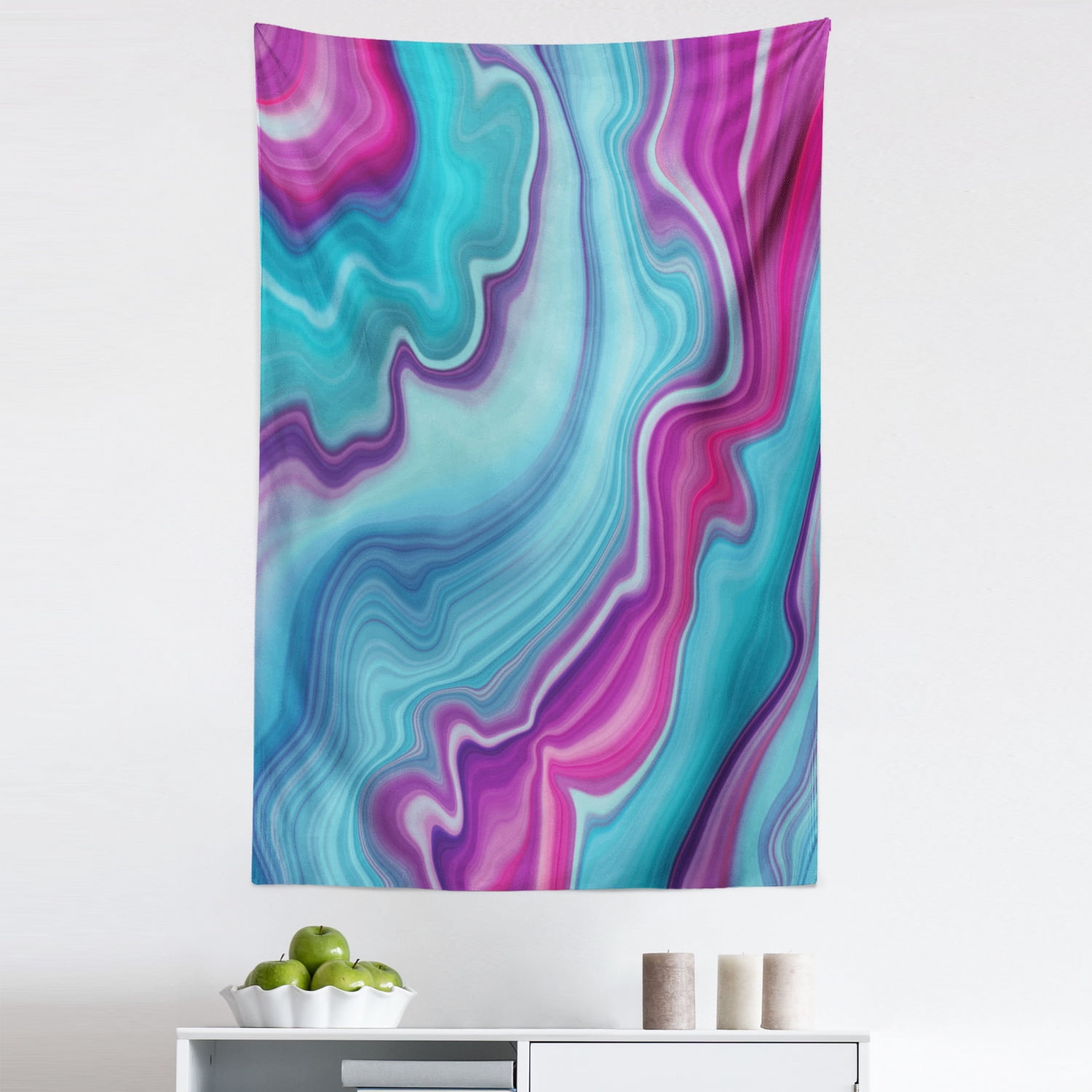 Marble Print Tapestry, Abstract Color Formation Wavy Aqua Pink Lines ...