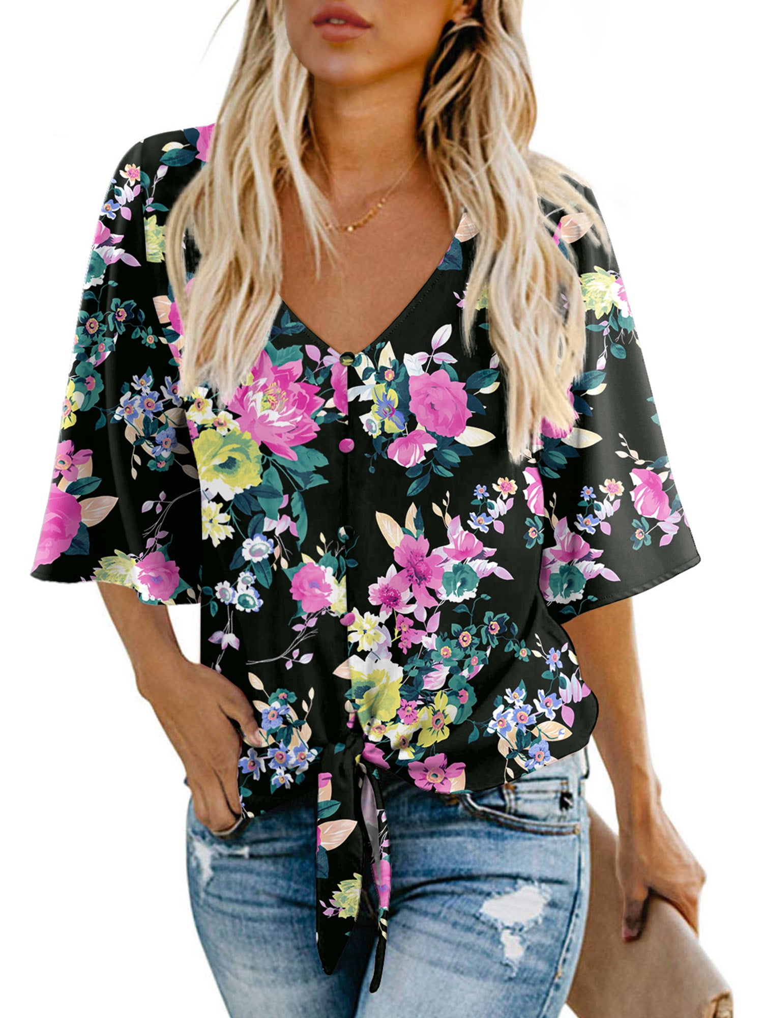 Anygrew Womens Tops 2023 Summer Blouses V Neck Batwing Sleeve Tops Tie