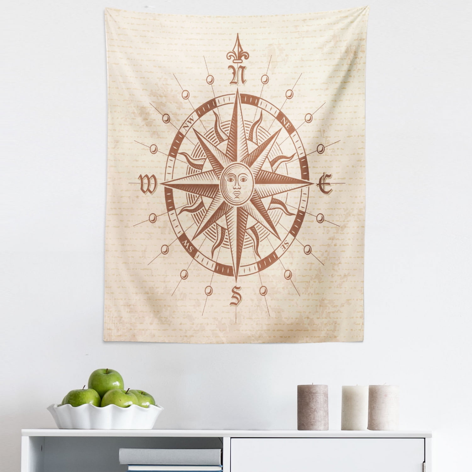 Brown Tapestry, Old Compass Rose a Sun Face Lady on It Instrument ...