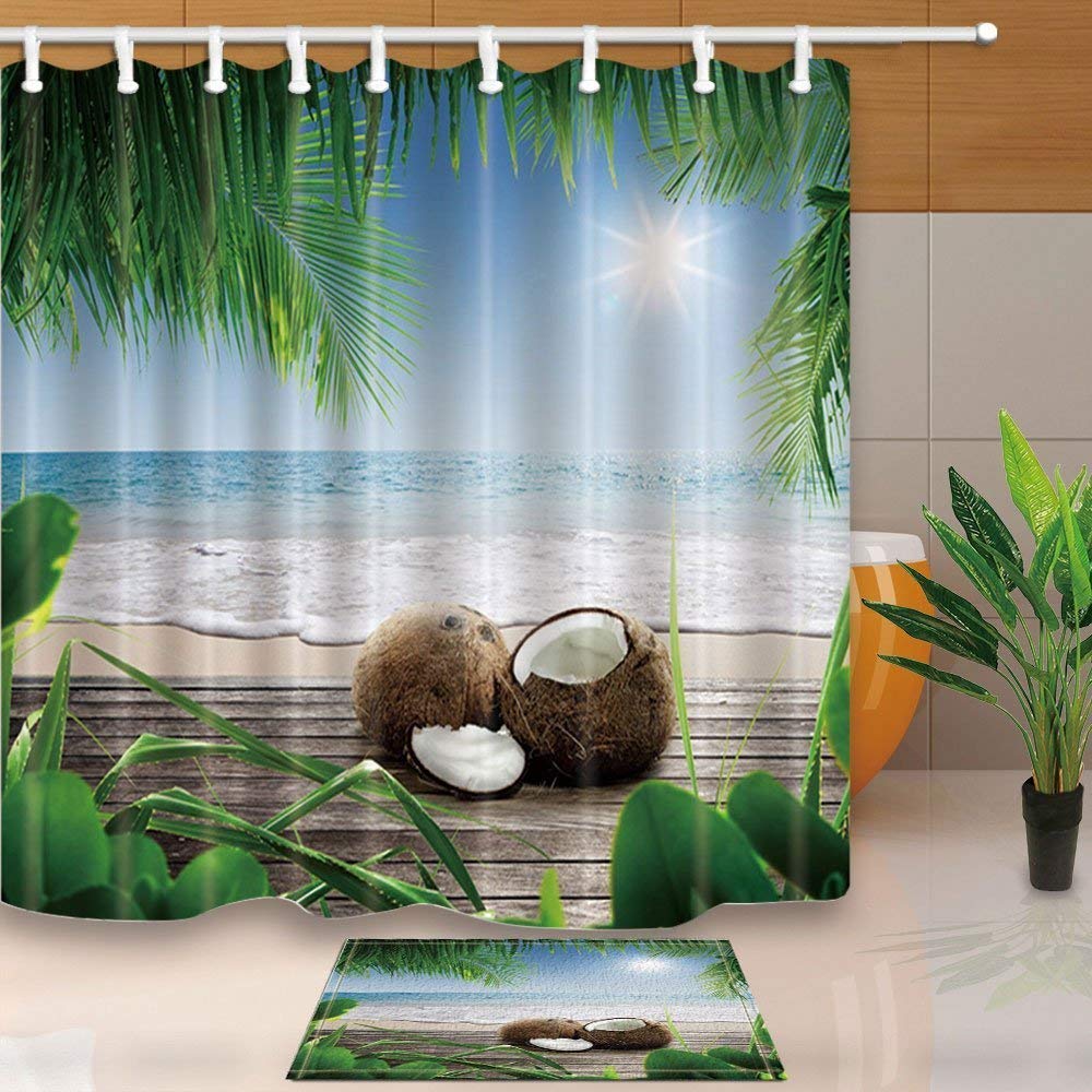 RYLABLUE Coconut Tree Bath Curtain Coconut Fruit on Wooden by the Sea ...