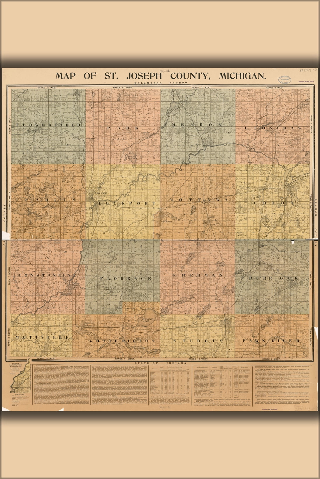 24"x36" Gallery Poster, Map of St. Joseph County, Michigan 1897 ...