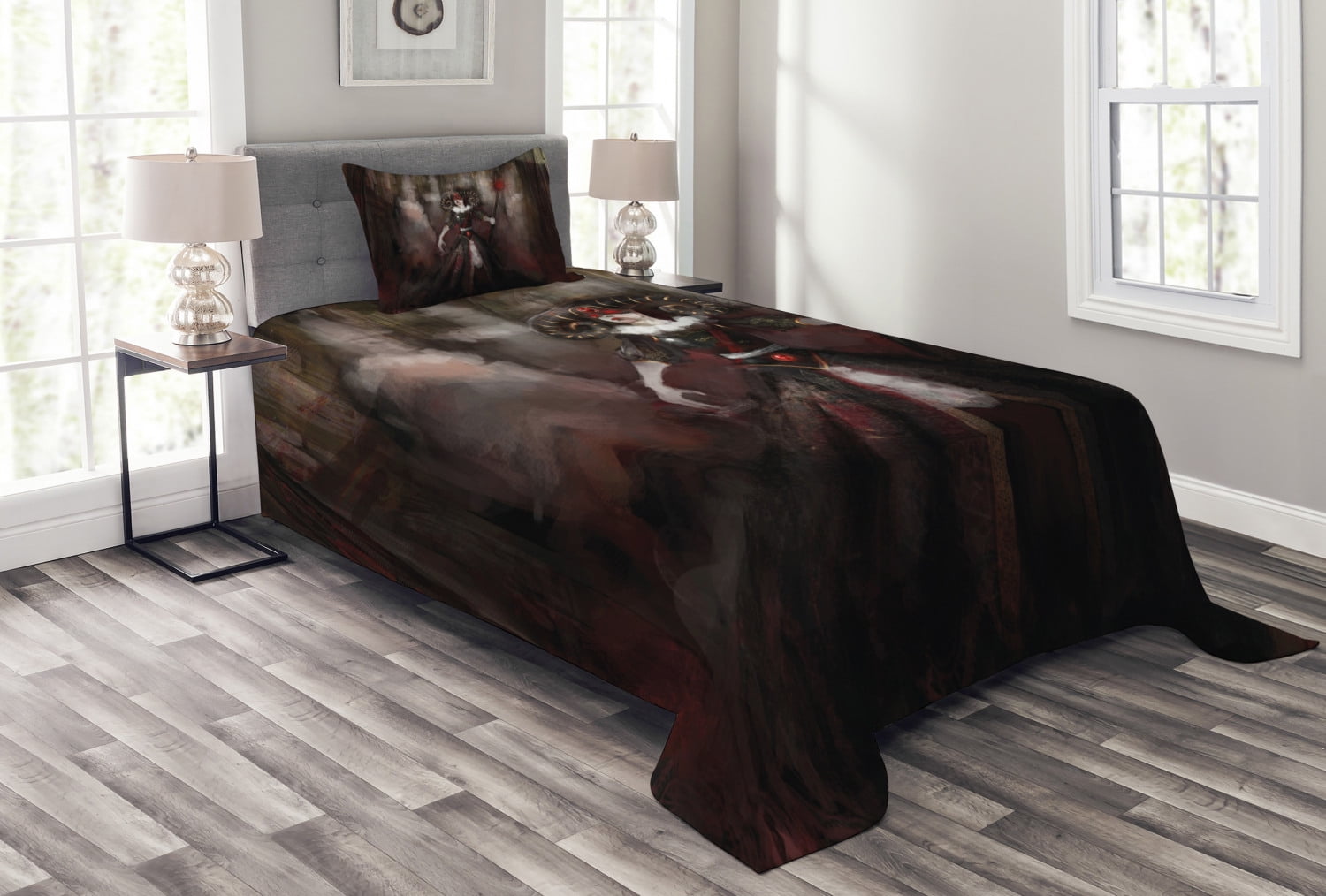 Gothic Bedspread Set Twin Size, Medieval Evil Woman Horns Mask Witch ...