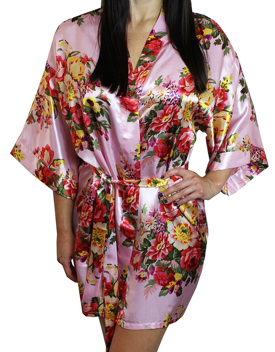 Women's Floral Satin Kimono Short Bridesmaid Robe With Pockets - Silky ...