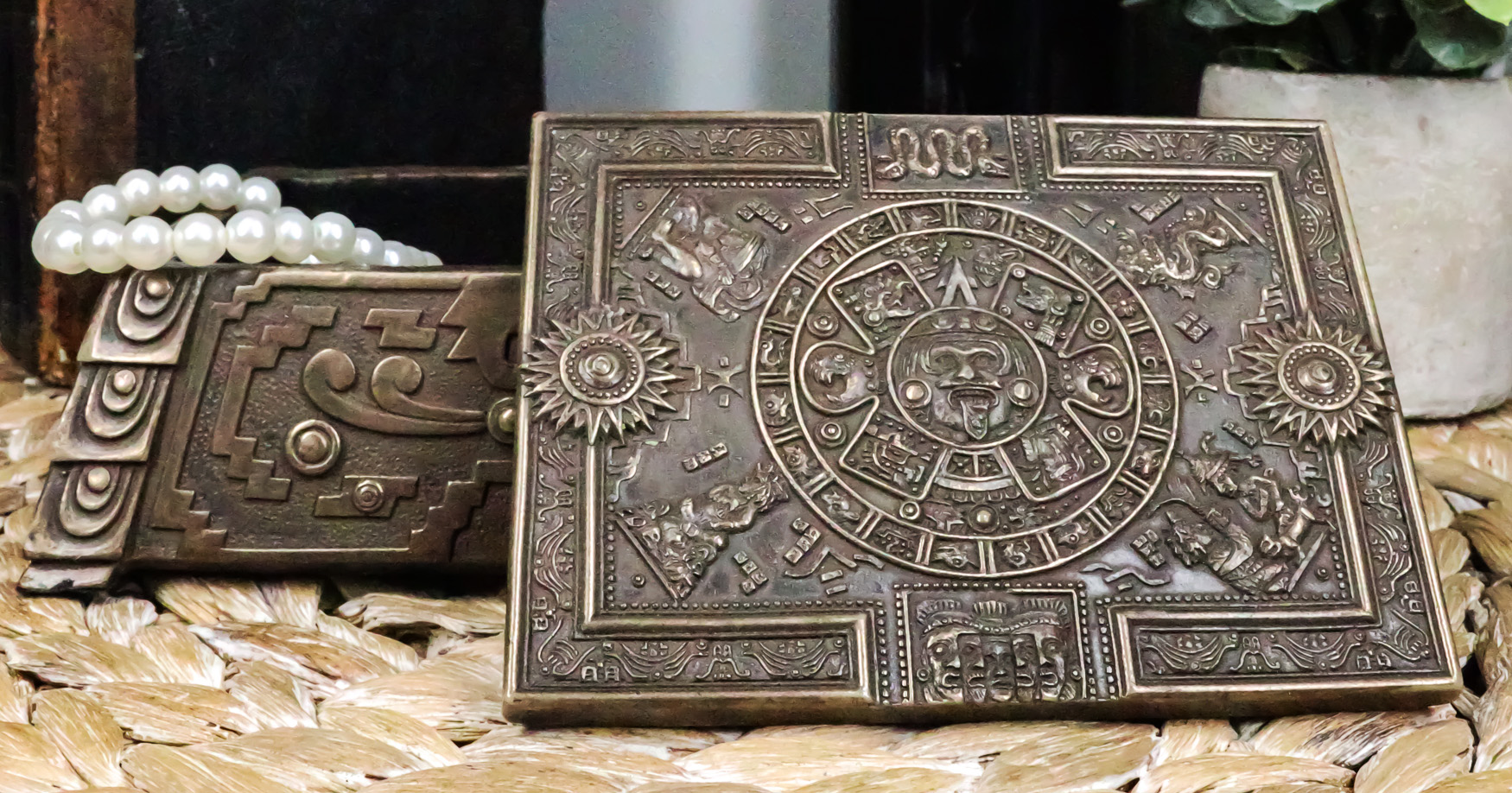 Bronzed Mesoamerican Maya Aztec Jewelry Box Figurine Sun God ...