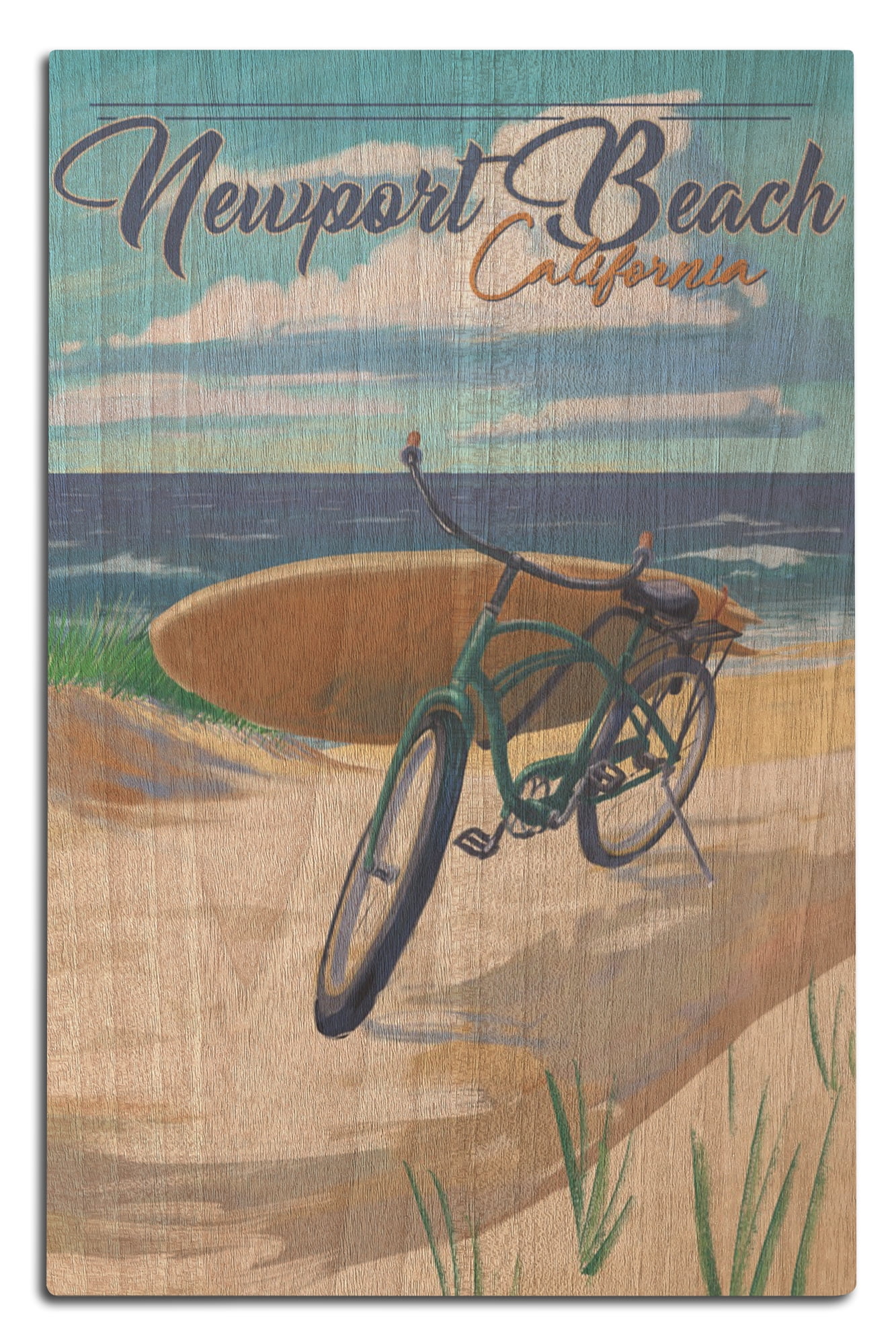 Newport Beach, California, Beach Cruiser on Beach Birch Wood Wall Sign ...