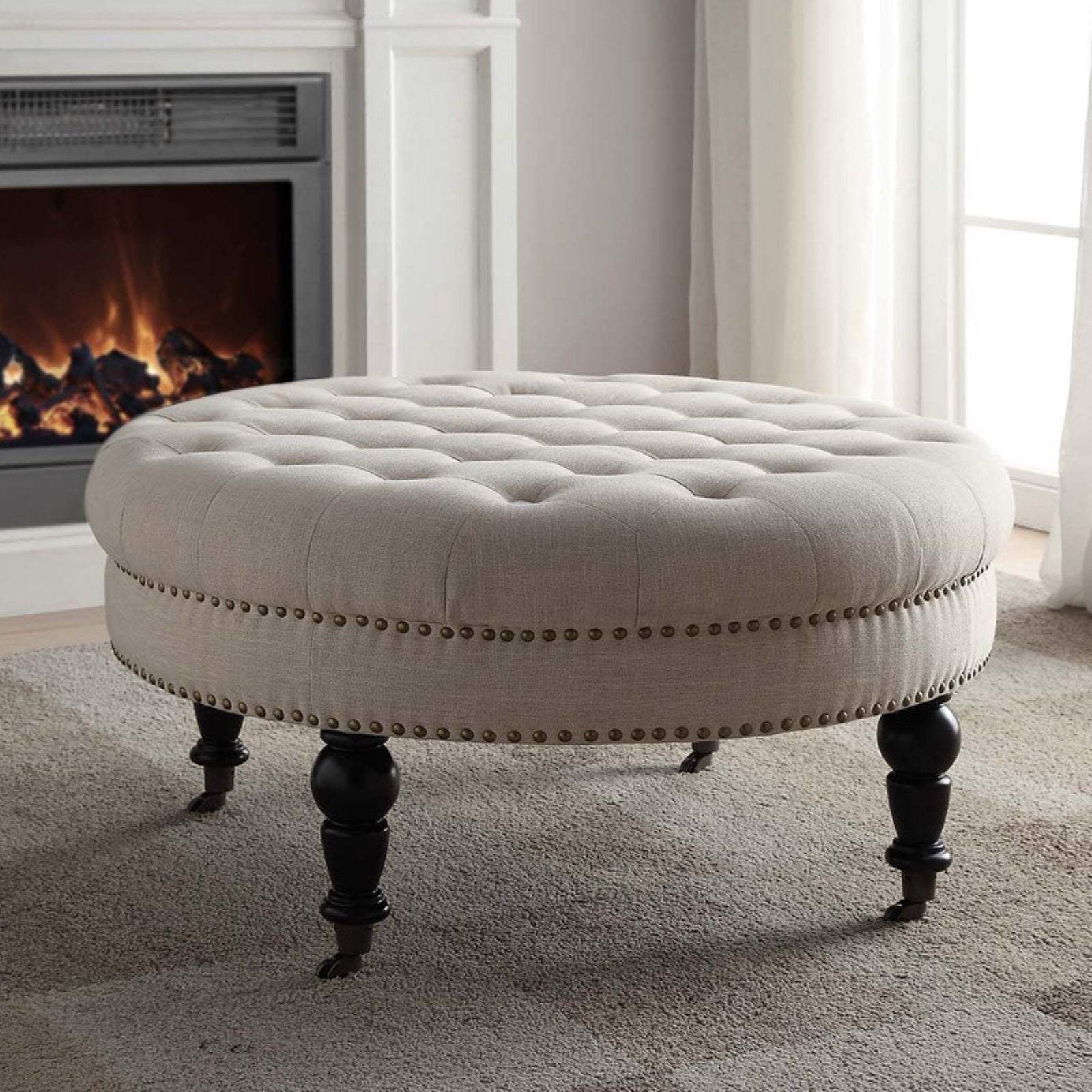 Linon Isabelle Linen Round Tufted Ottoman, Multiple Colors - Walmart ...