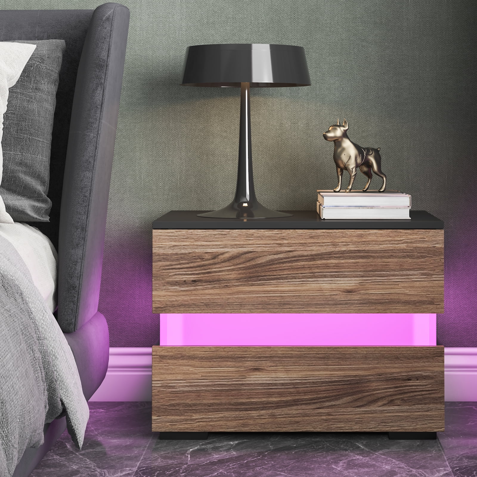Hommpa RGB LED Bedside Table Modern Bedroom 2 Drawers Nightstand Wood ...