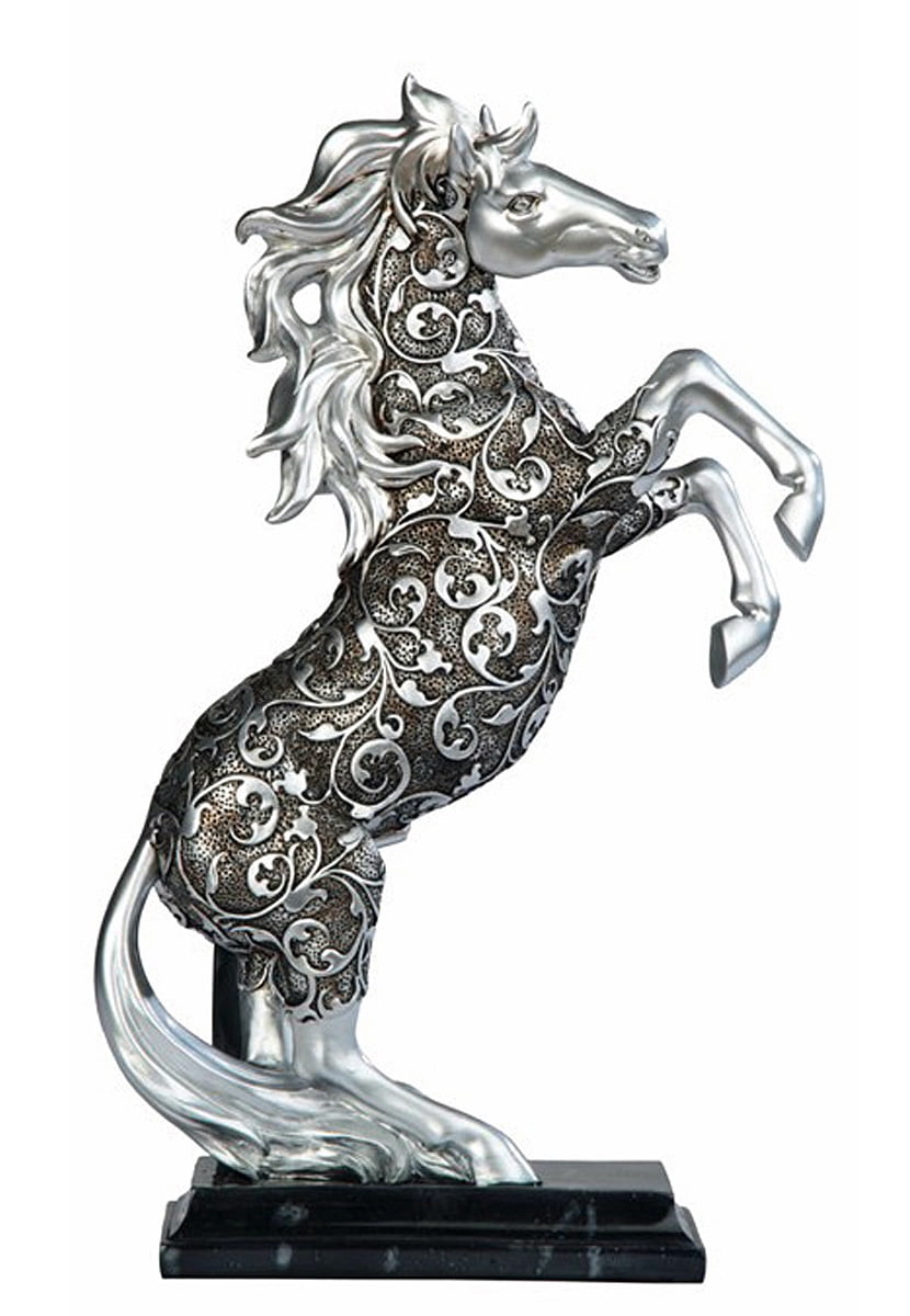 Silver Horse Statue - 12in Ornate Pattern Blazoned Bucking Stallion ...