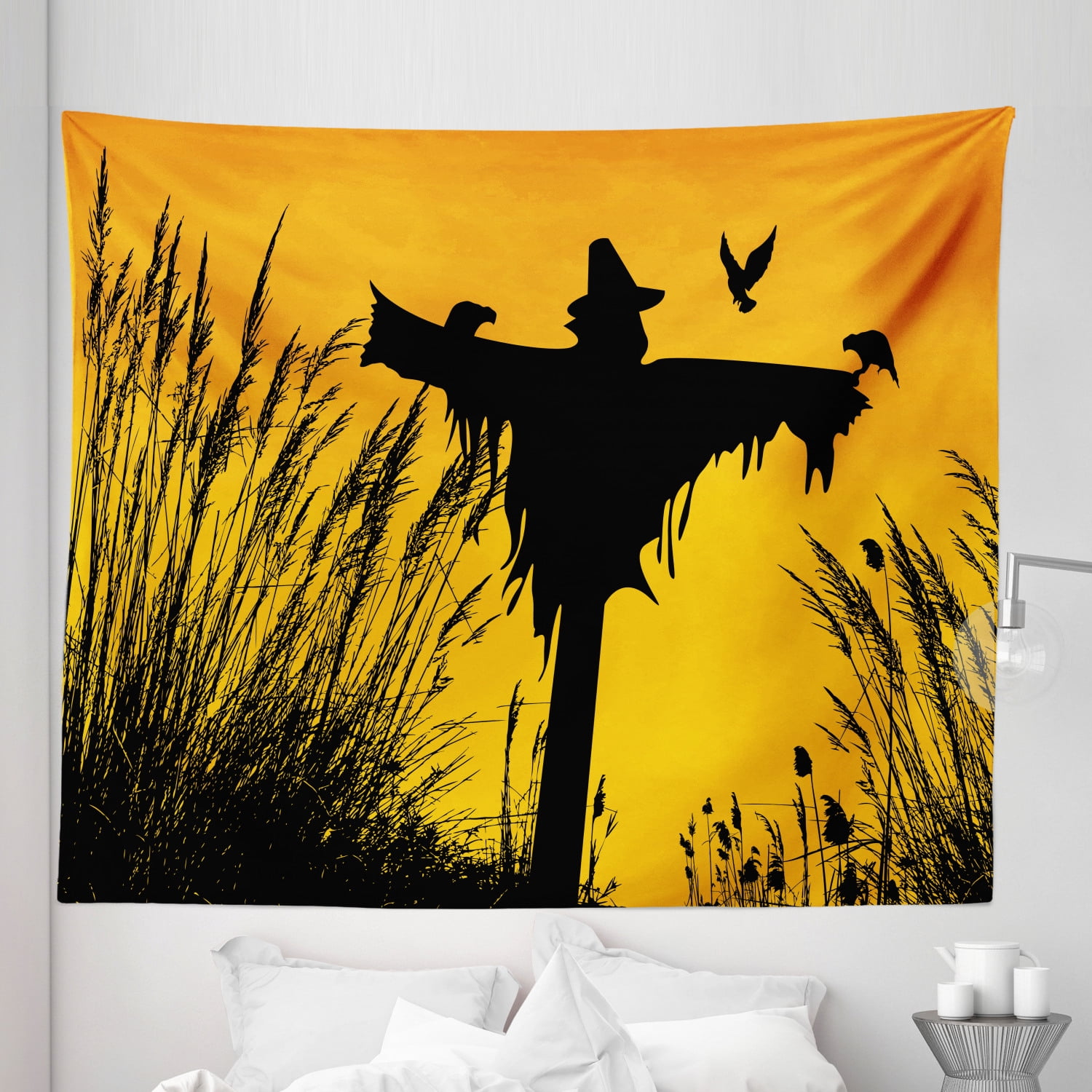 Scarecrow Tapestry, Rural Themed Silhouettes of Crows Herbs and Scary ...
