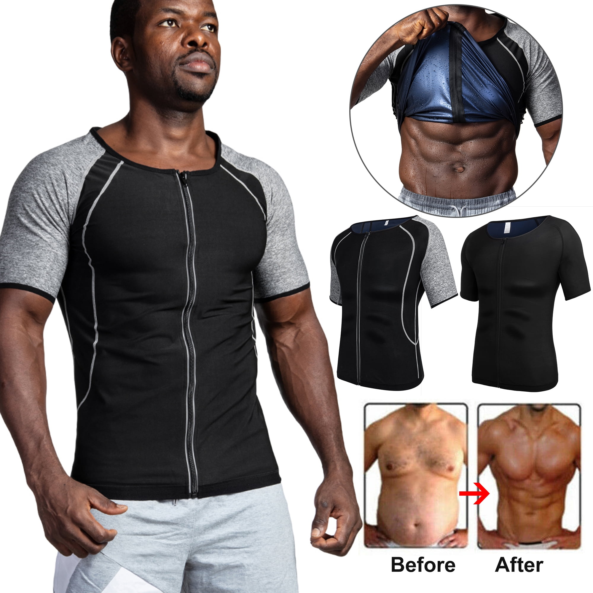 Men Sauna Suit Compression Short sleeve Body Shaper Waist Trainer Fat ...