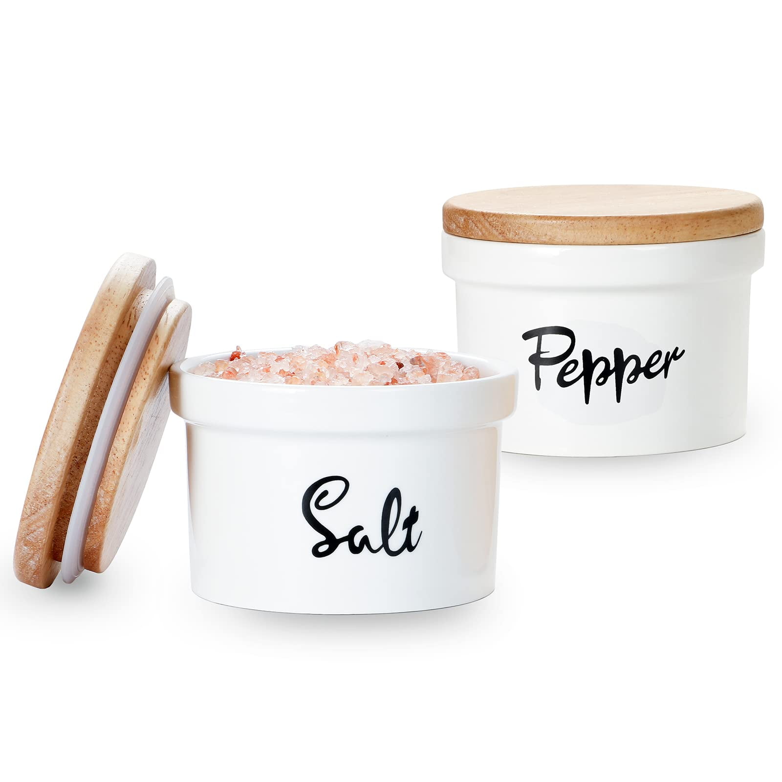 HAOTOP Salt and Pepper Bowls with Wooden Lid, 12.5 oz Ceramic Salt and ...