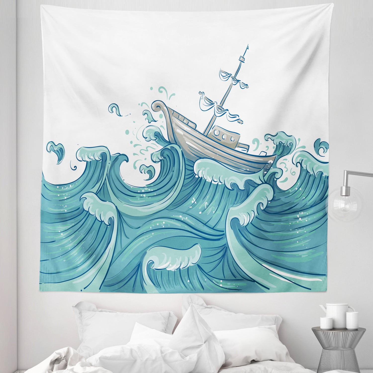 Nautical Tapestry, Ship Being Tossed by Giant Ocean Waves Aquatic Old ...