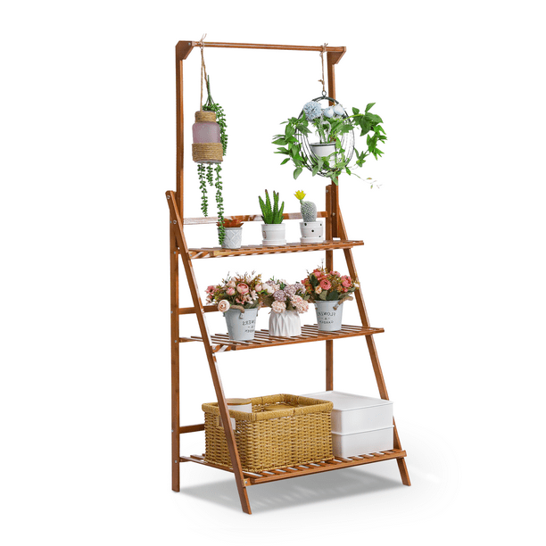 MoNiBloom Bamboo 3 Tiers Modern Plant Stand, Adjustable Hanging Rod ...