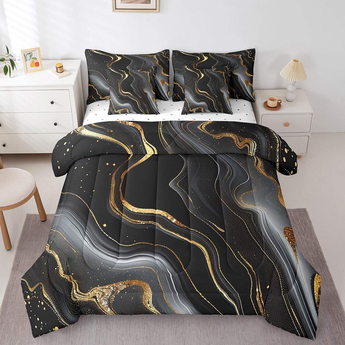 Click here for Yst 7 Pcs Comforter Set Full  Gold Black Marble Be... prices
