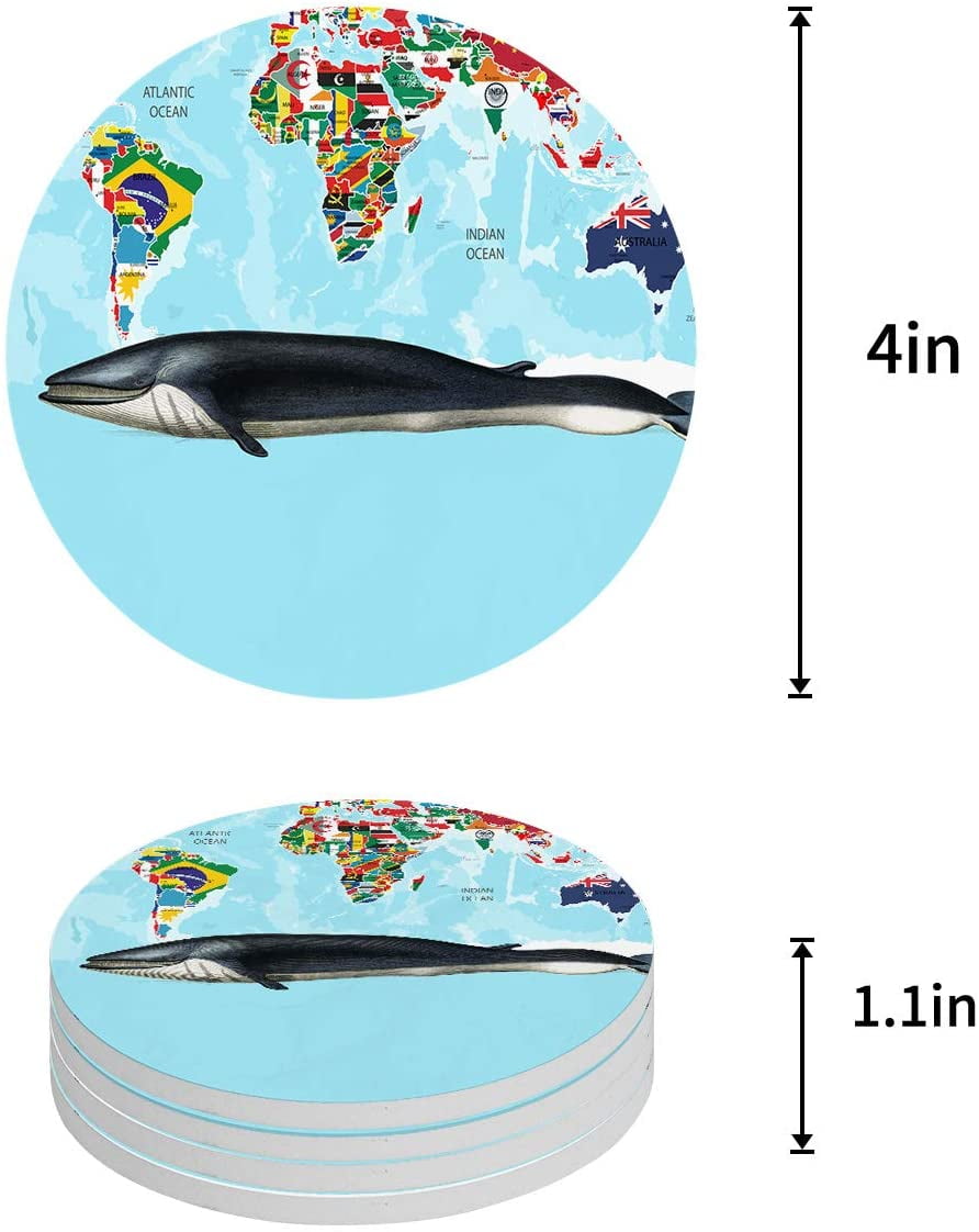 ZHANZZK Whale World Map Set of 4 Round Coaster for Drinks, Absorbent ...