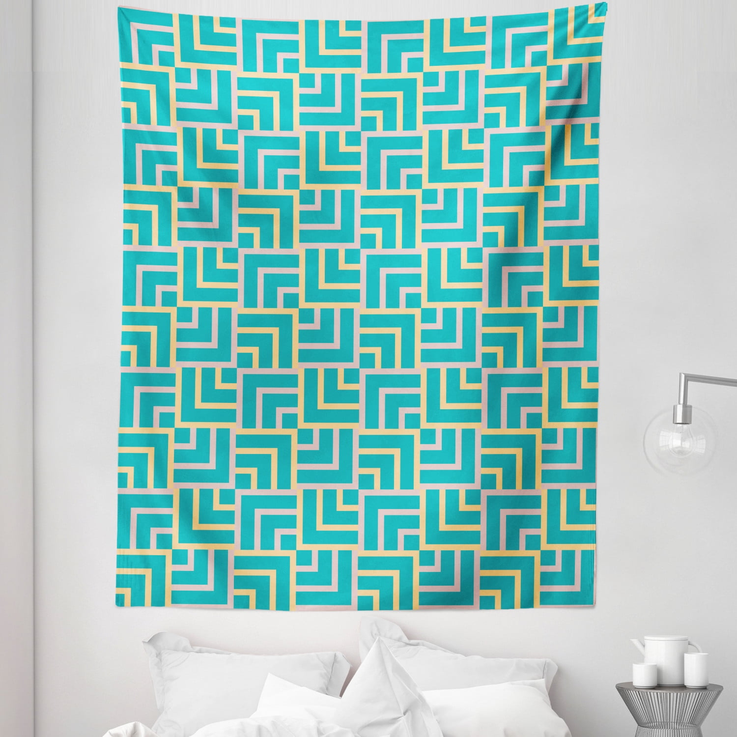 Turquoise Tapestry, Art Deco Style Shapes Like Geometrical Squares with ...