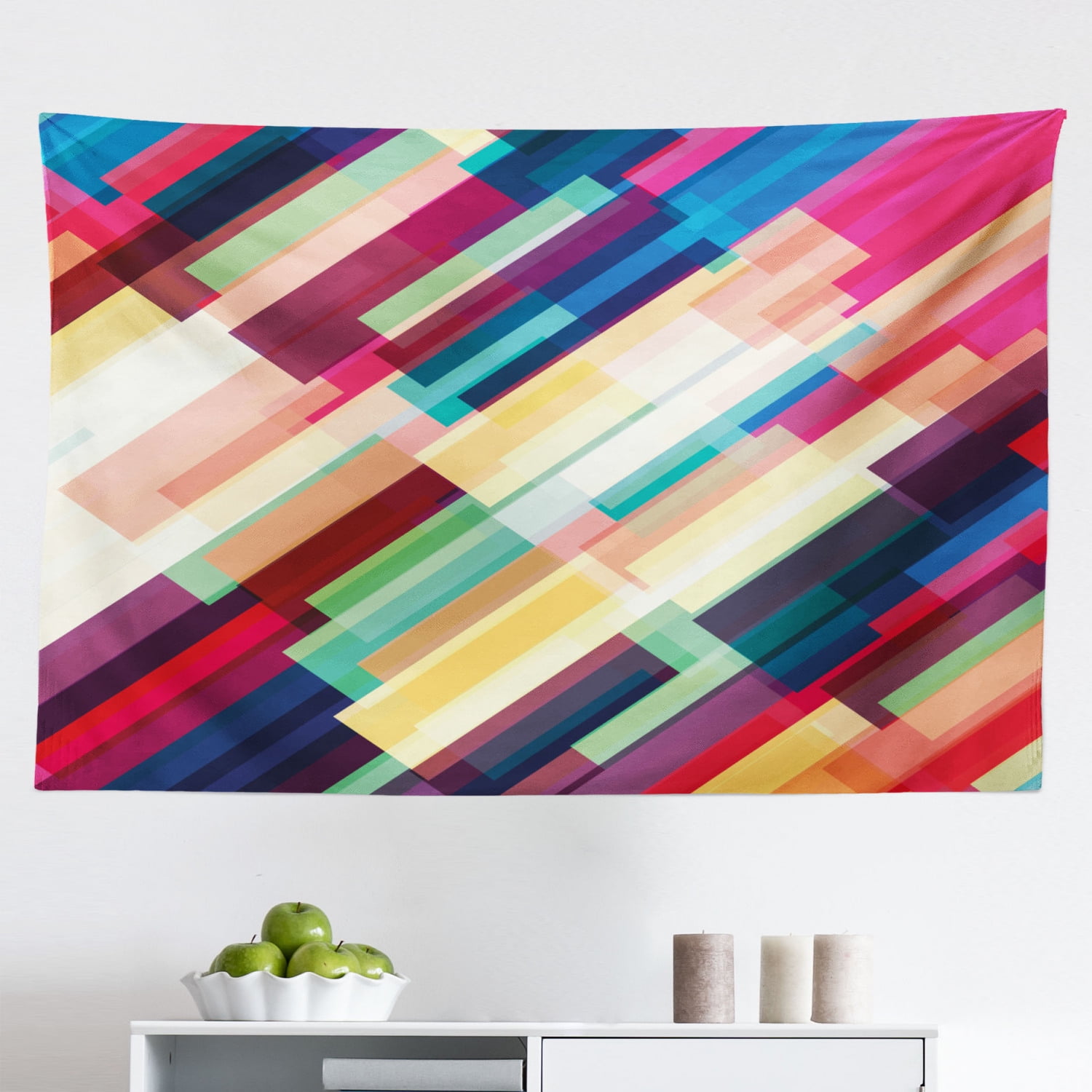 Retro Tapestry, Ribbon Like Stripe with Stars Flowers and Hearts ...