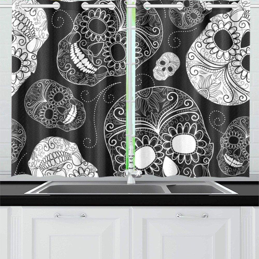 MKHERT Black and White Skulls Window Curtain Kitchen Curtains Window ...