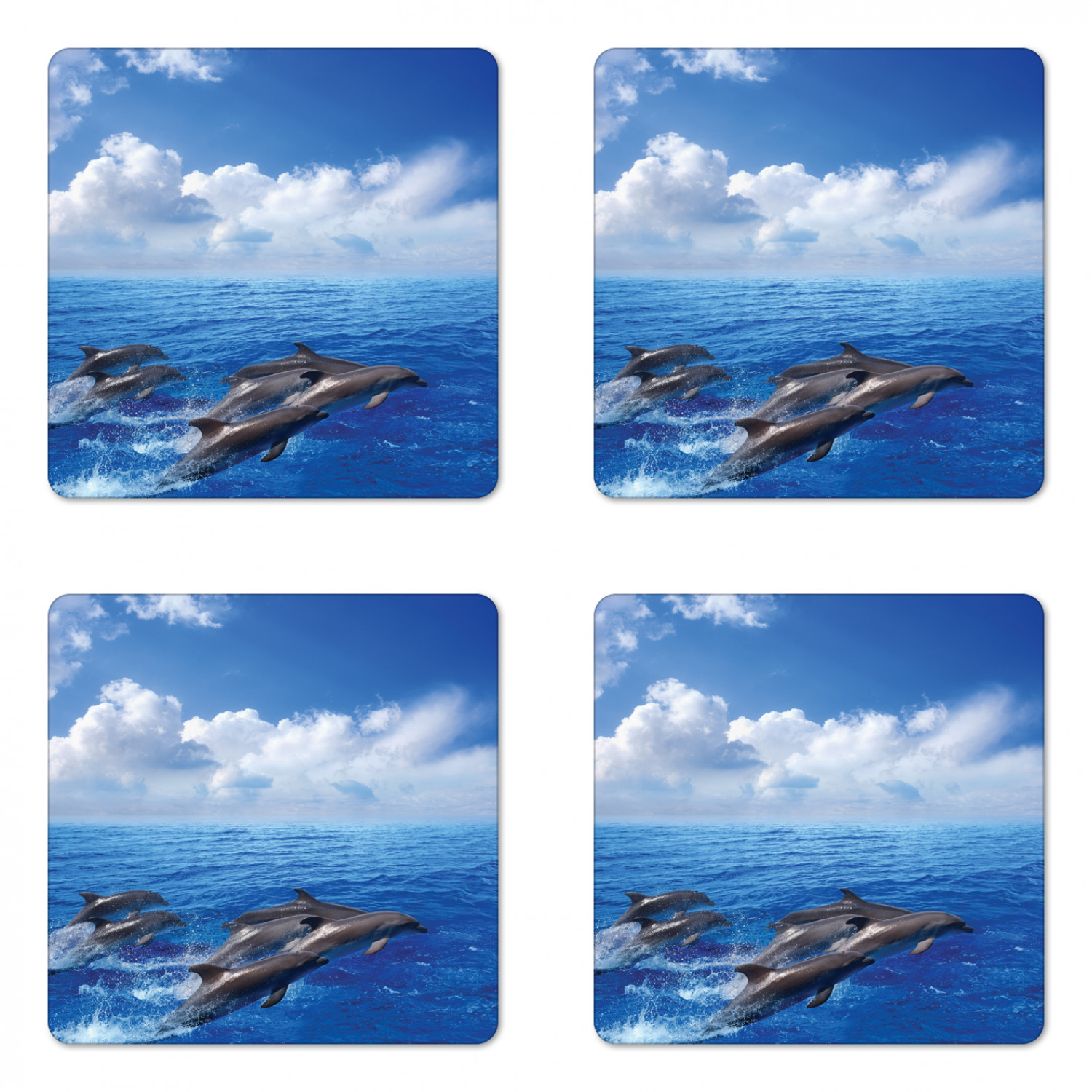 Sea Animals Coaster Set of 4, Dolphins Jumping in Clear Sea and Fluffy ...