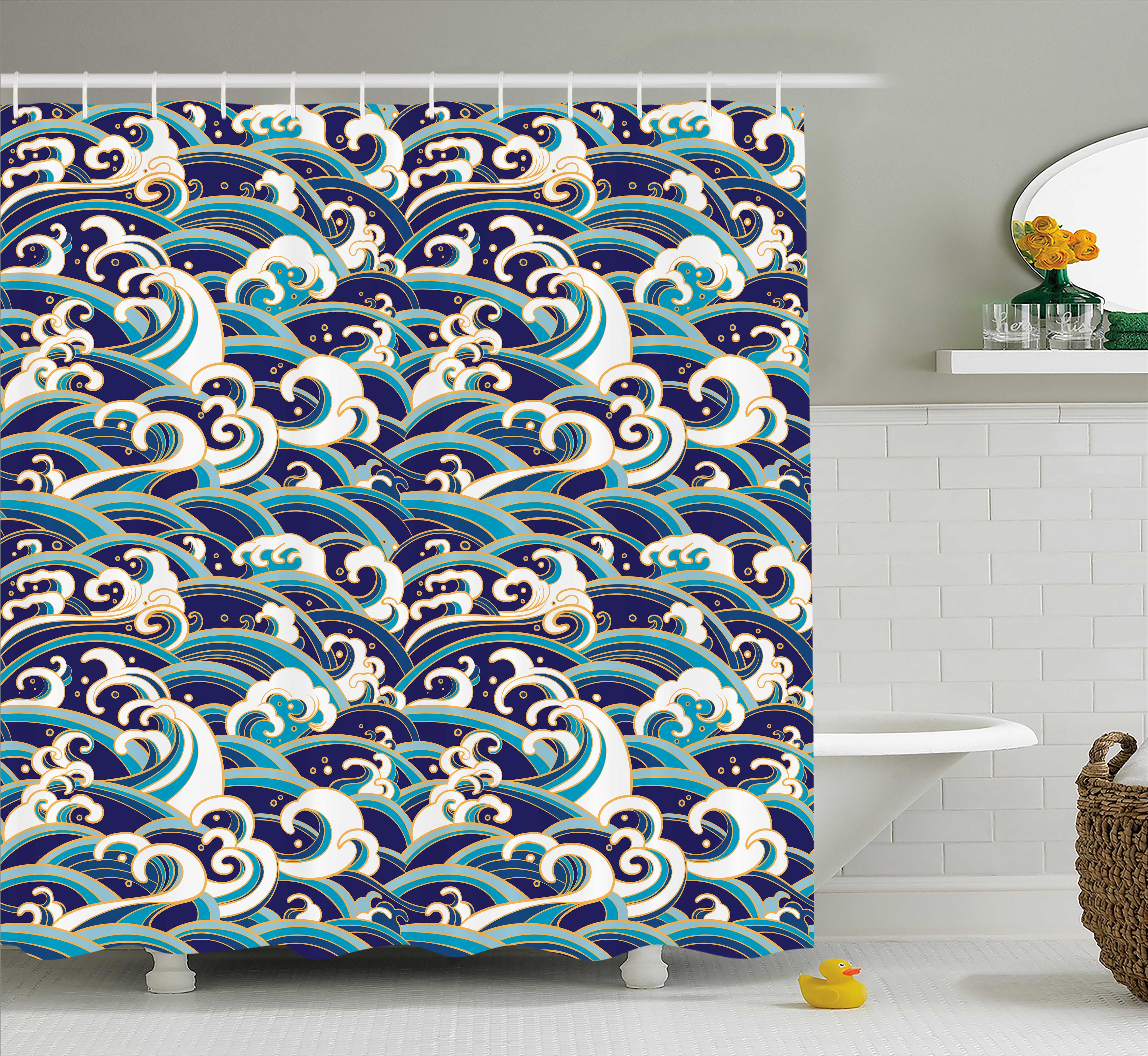 Nautical Shower Curtain Traditional Oriental Style Ocean Waves Pattern