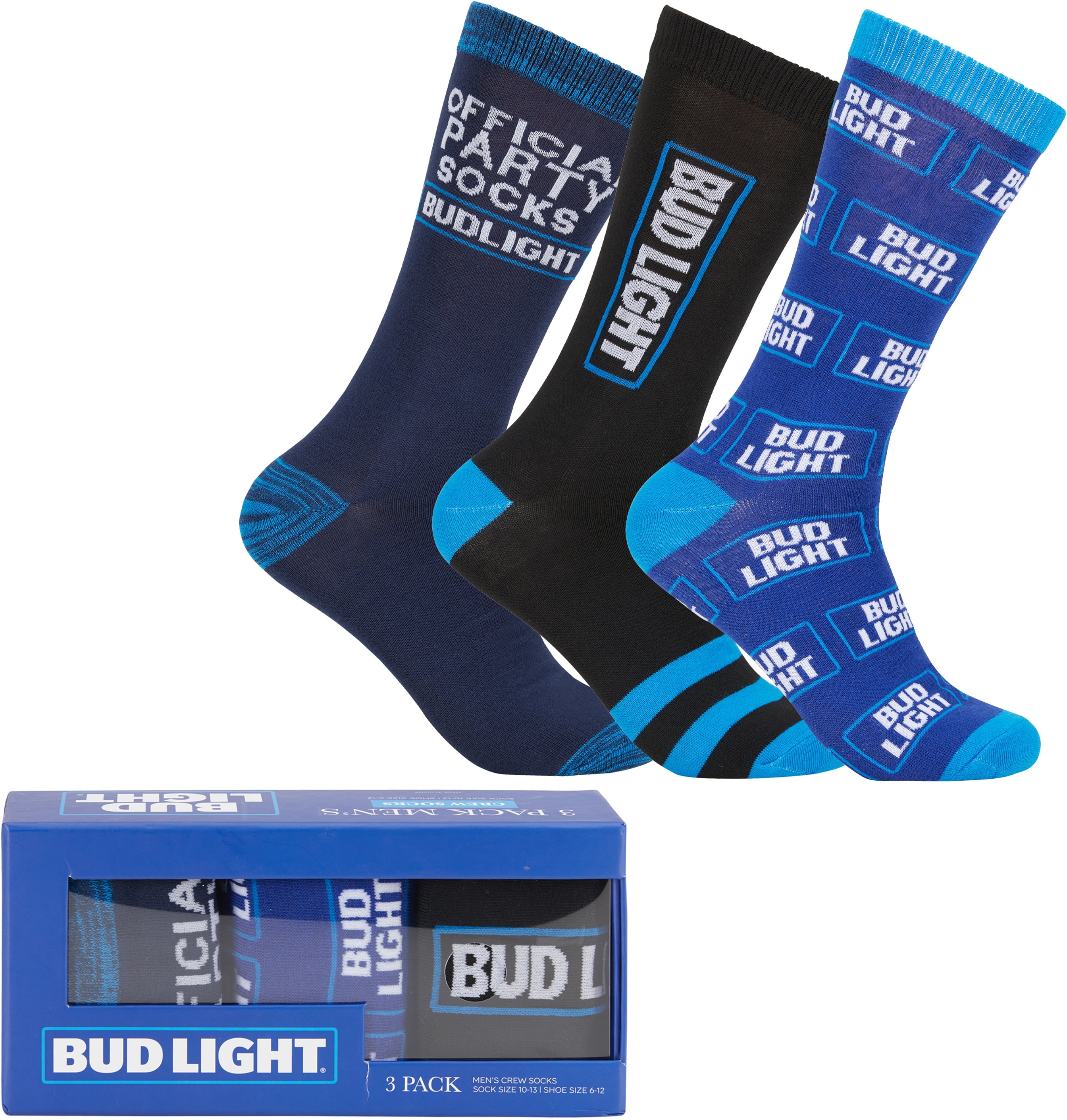 Bud Light Official Party Socks - Beer Novelty Fun Crew Socks in Gift Box 3 Pack for Men - One ...