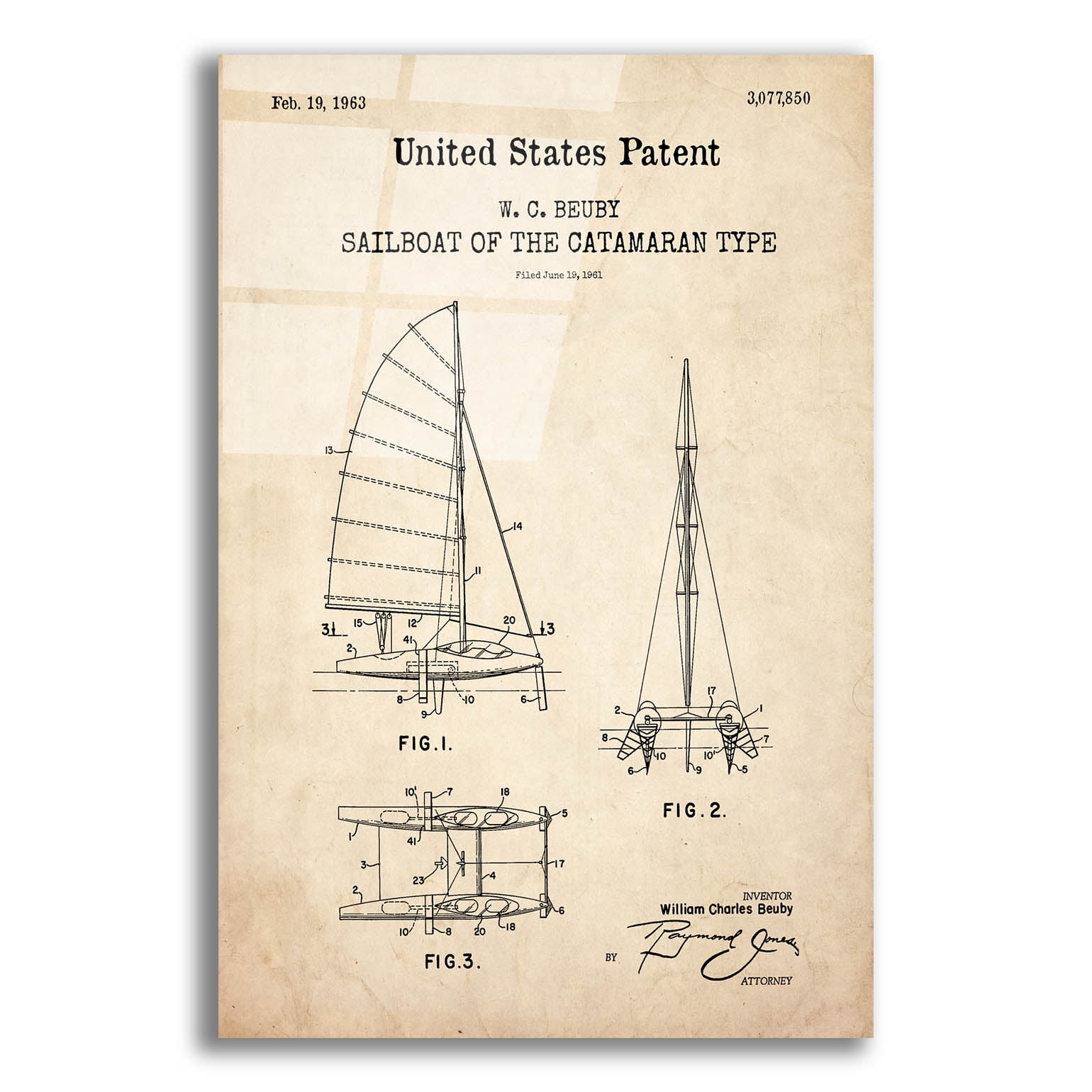 Epic Art 'Catamaran Sailboat Blueprint Patent Parchment,' Acrylic Glass ...