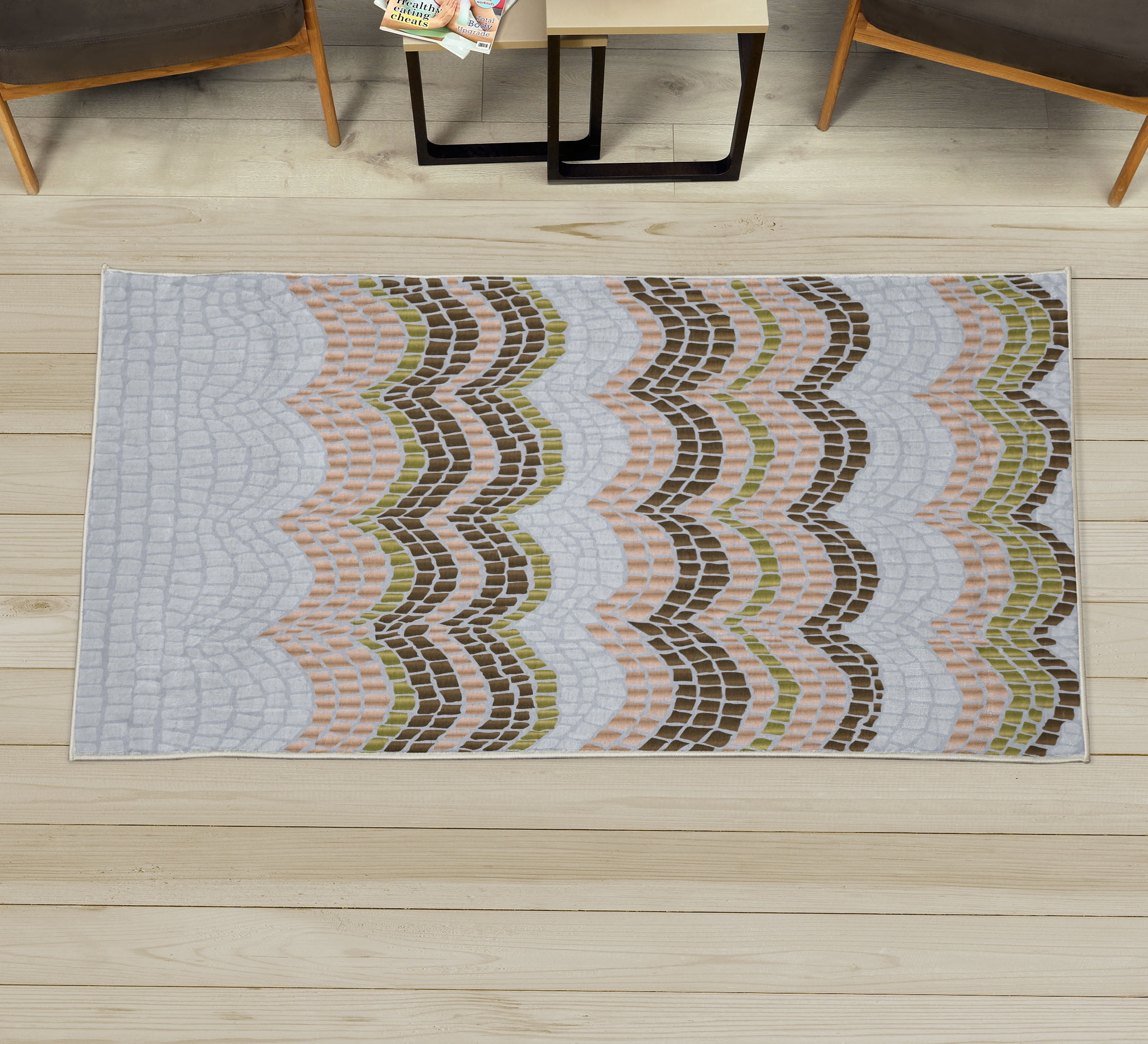 Tiles Decorative Rug, Gradient Colored Mosaic Waves Setting Antique ...