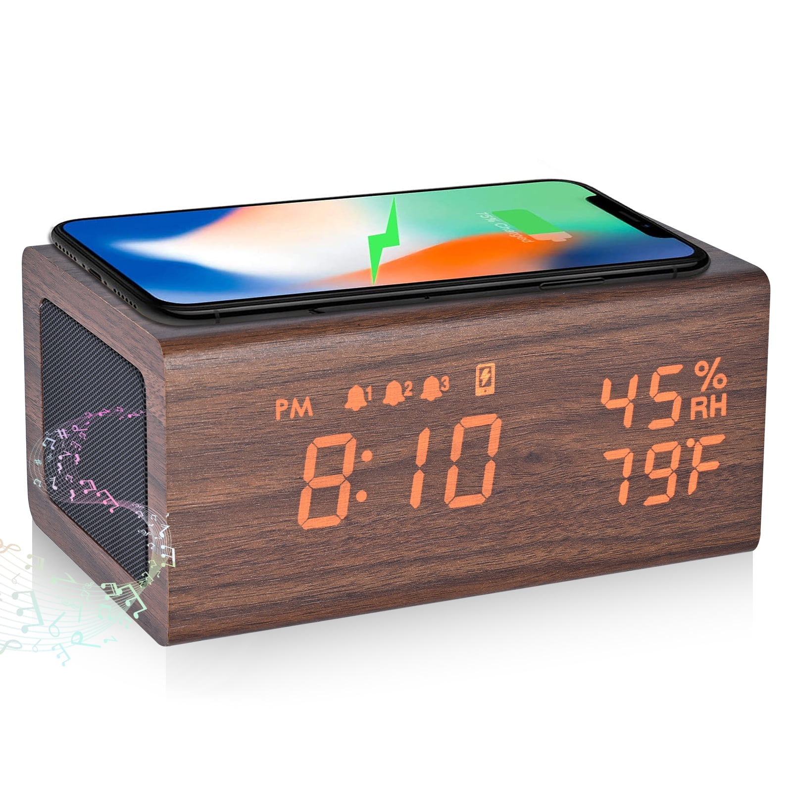 ELECTIME Wooden Digital Alarm Clock with Wireless Charging, Bluetooth ...
