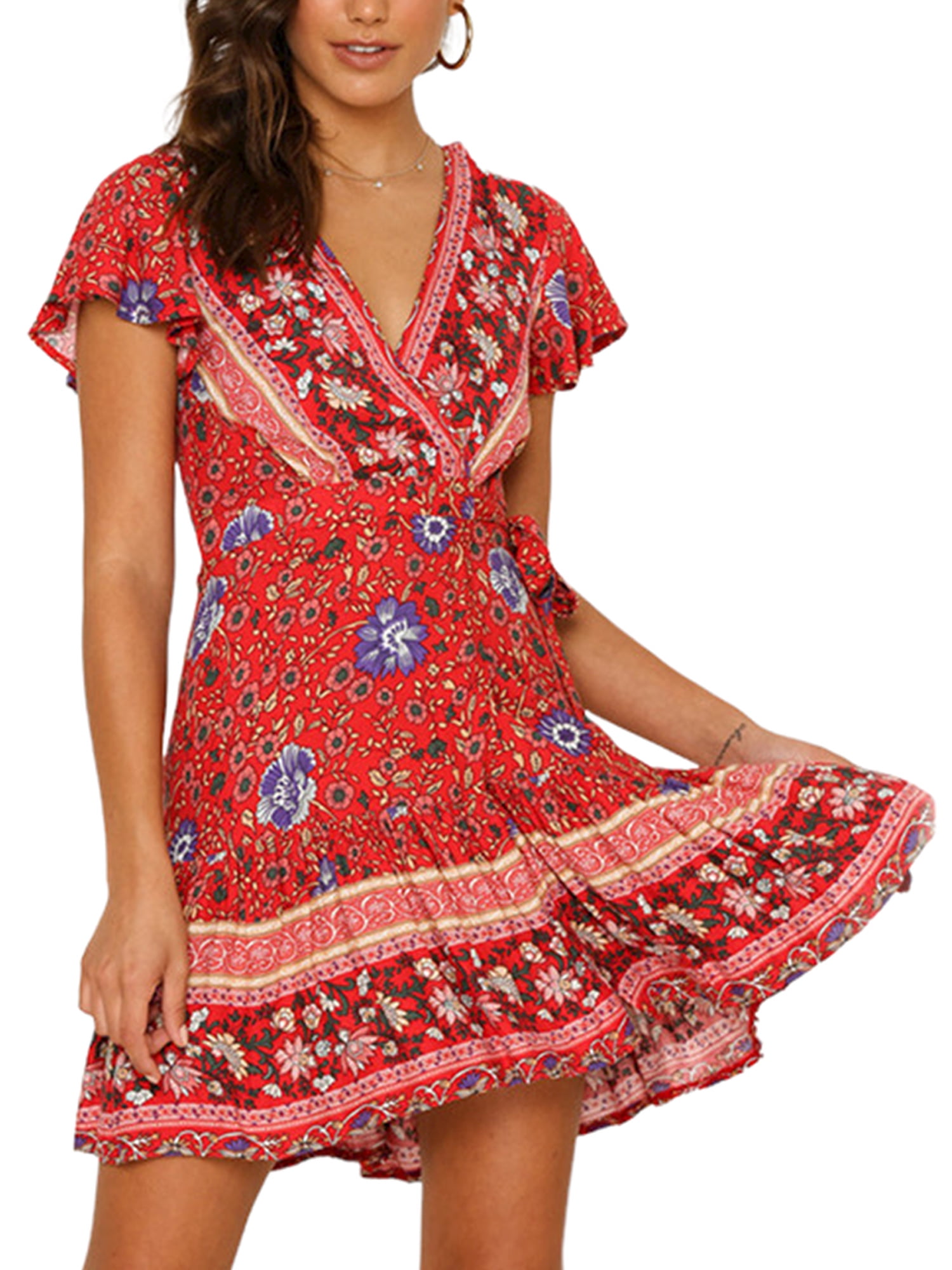 Znu Womens Boho Floral V Neck Mini Dress Ladies Holiday Beach Ruffle