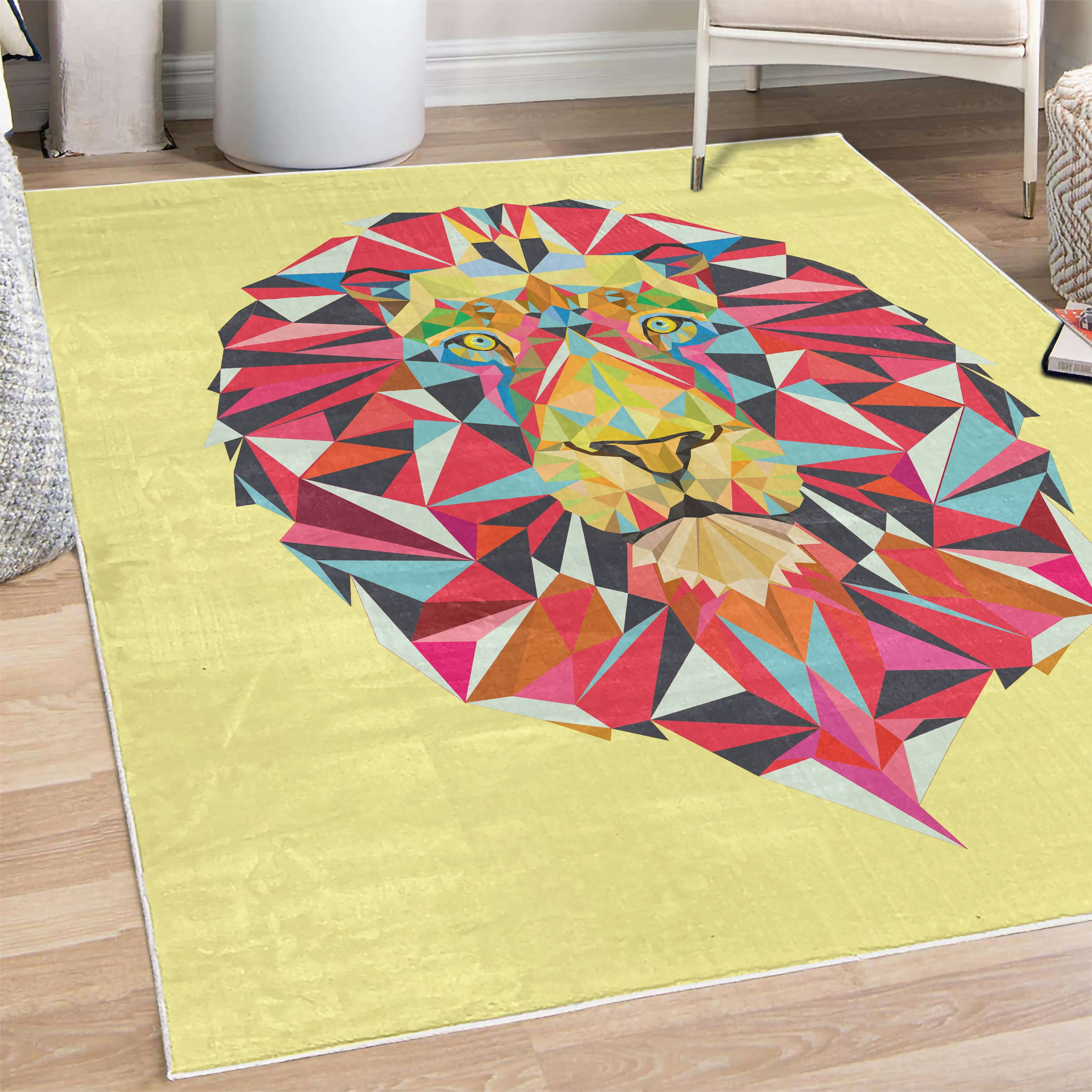 Zoo Decorative Rug, Colorful Animals Geometric Diamond Face Lions Mane ...