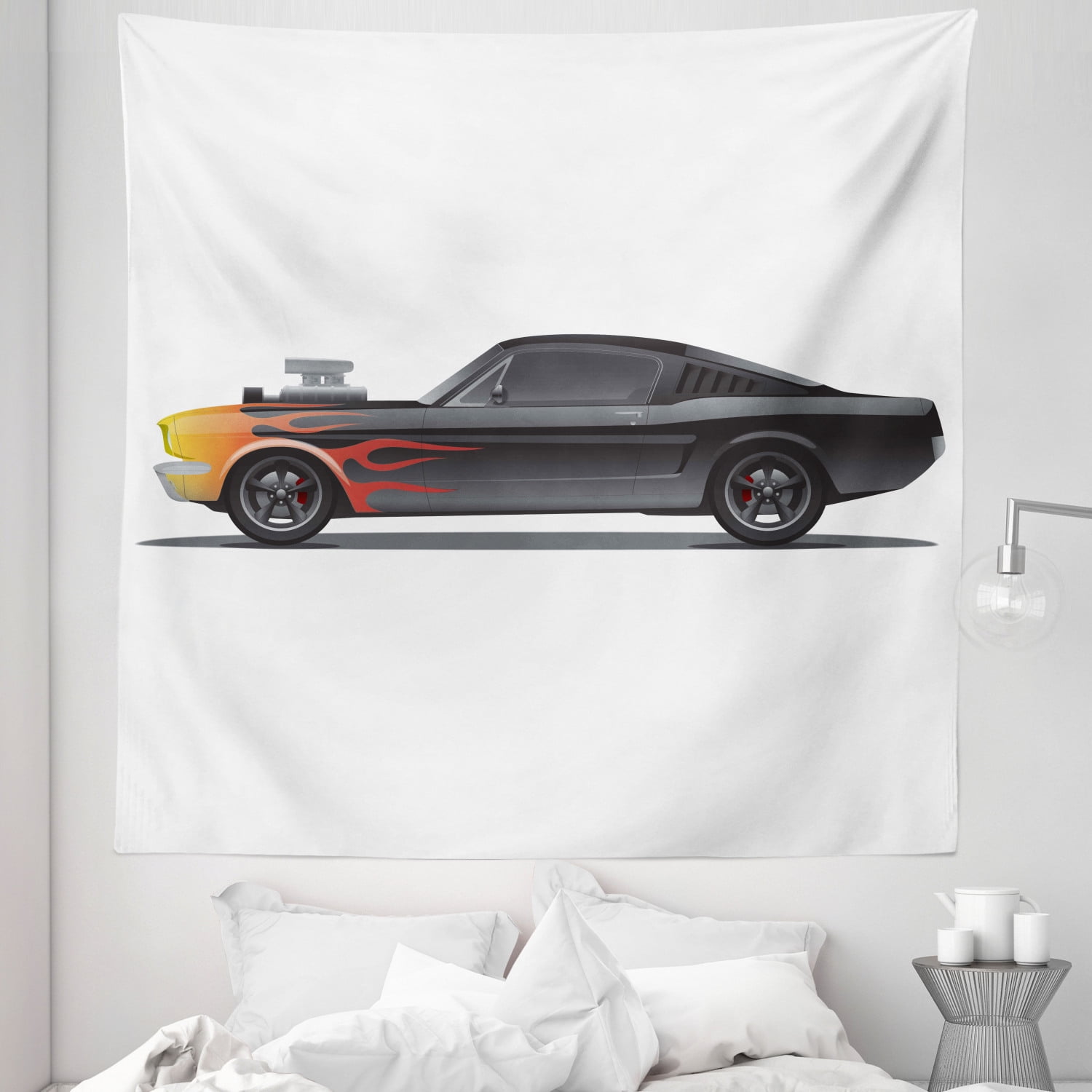 Cars Tapestry, Custom Design Muscle Car with Supercharger and Roadster ...