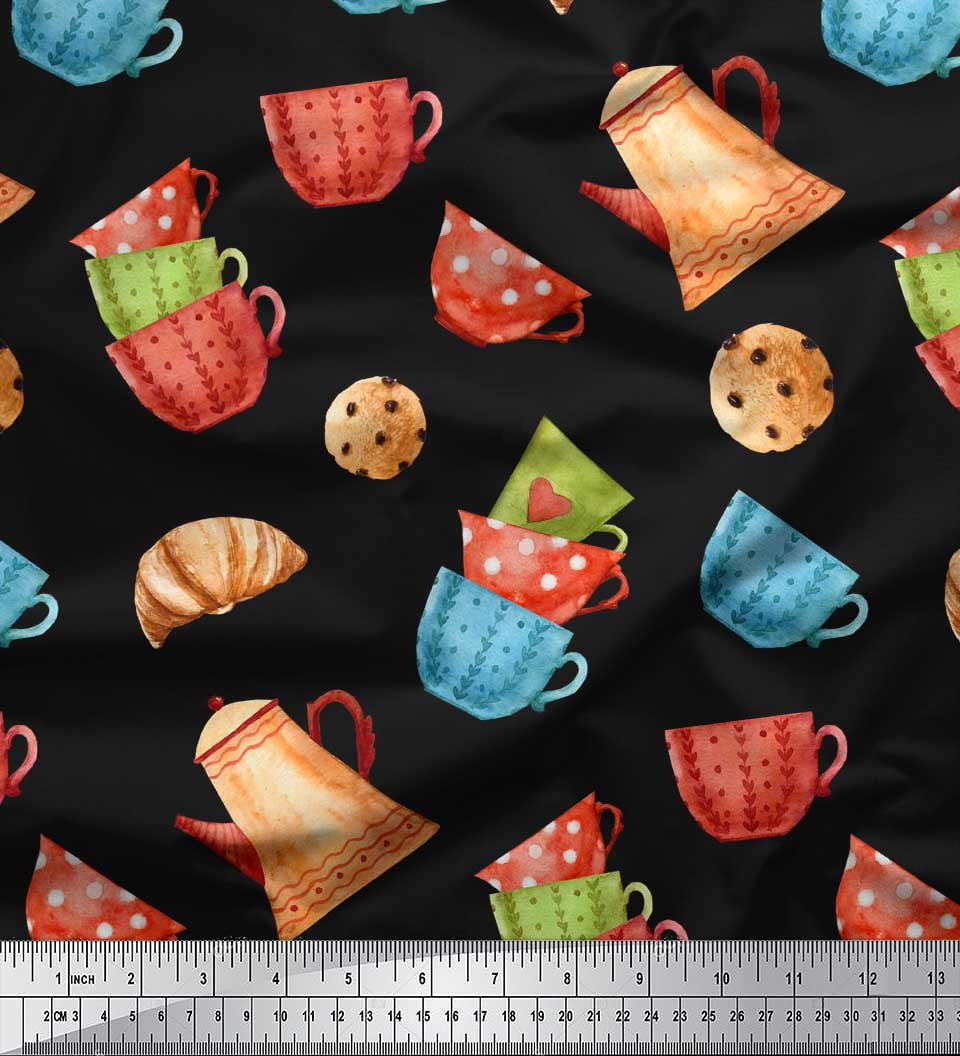 Soimoi Black Silk Fabric Kettle & Cups Kitchen Print Fabric by Yard 42 ...