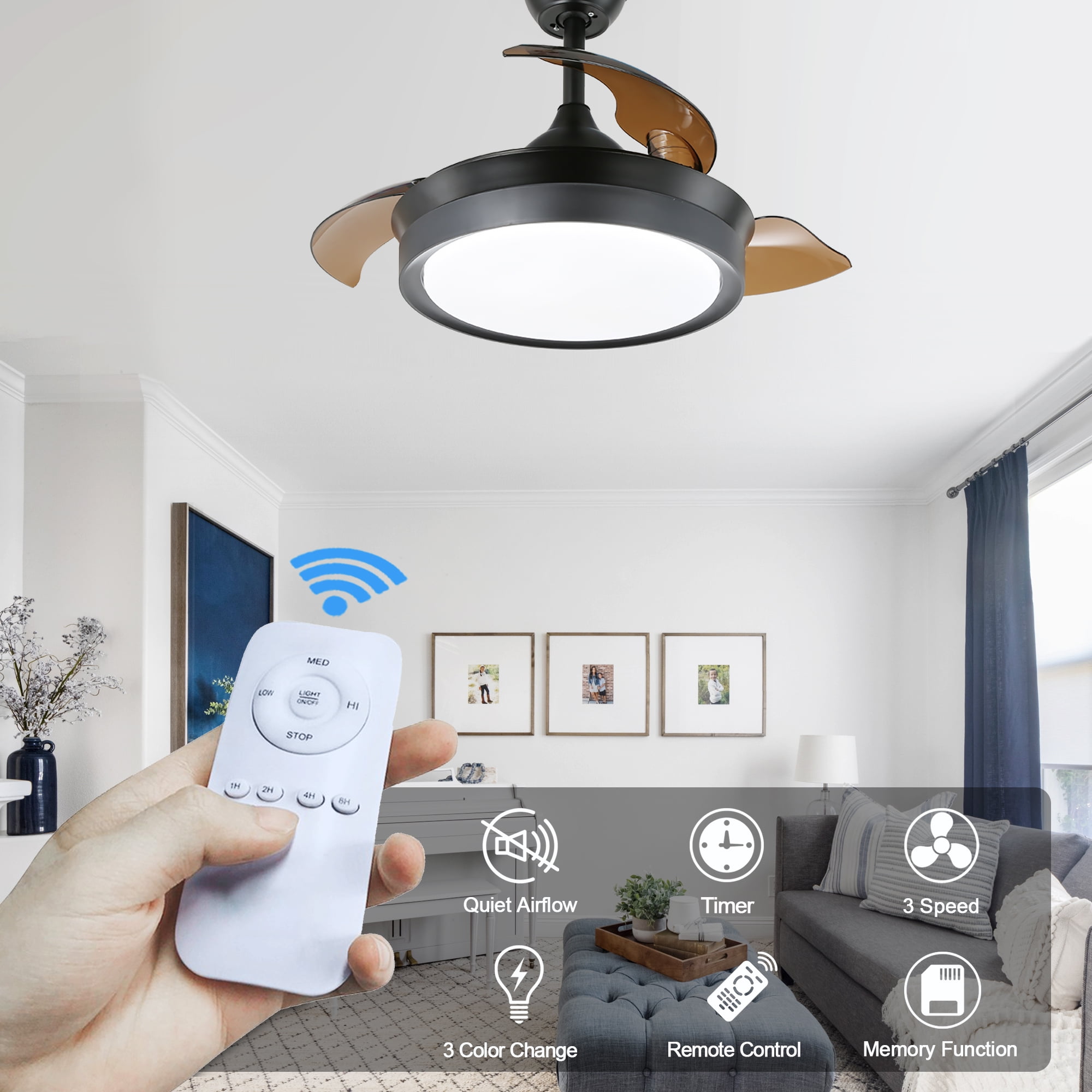 Oaks Aura 36 Inch Retractable Ceiling Fan Remote Control 3-Speed 3 ...